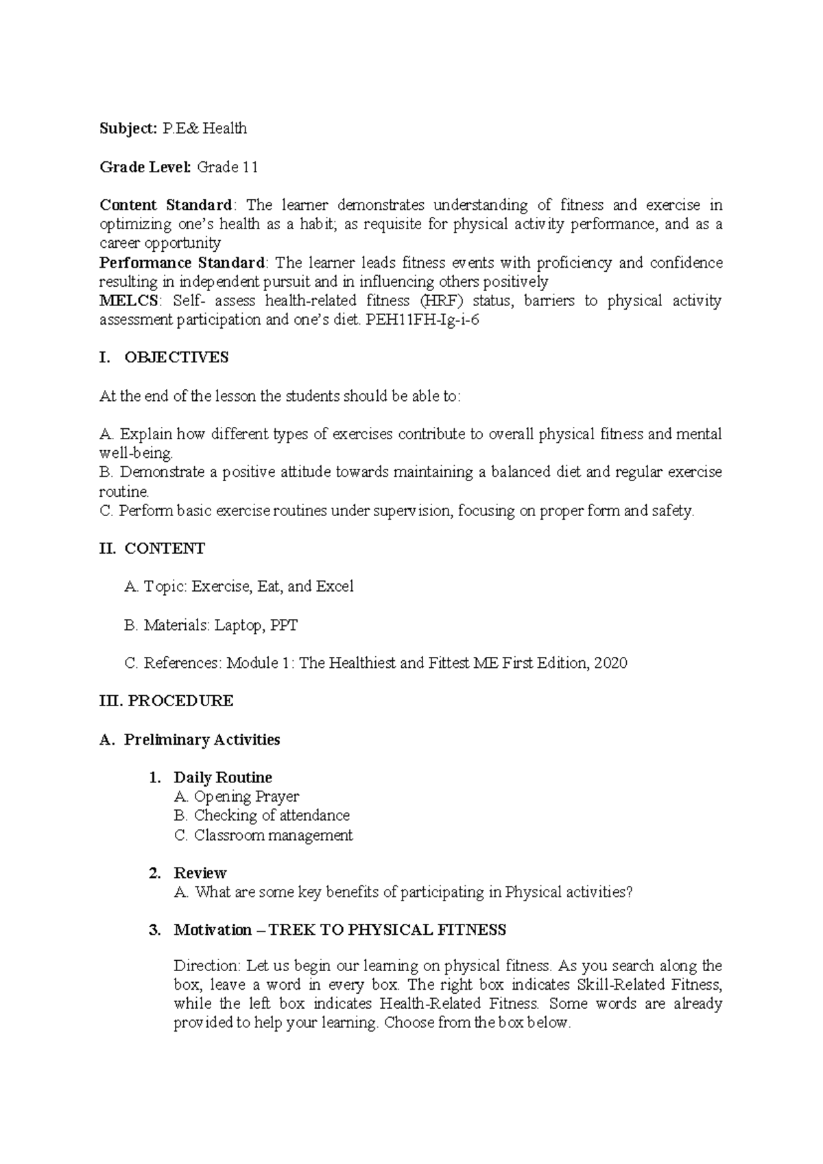P.E. & Health Lesson Plan (PEH11FH-Ig-i): Exercise, Eat, and Excel ...