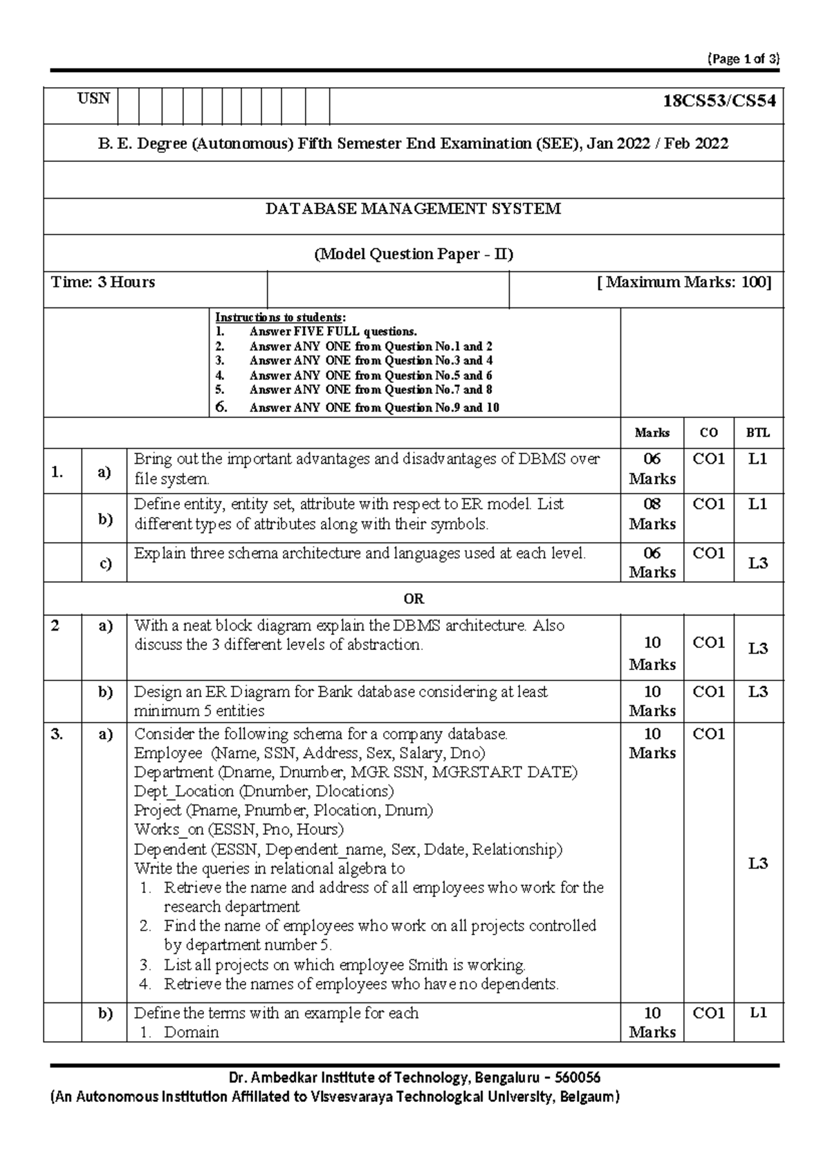 18CS53 DBMS Model Question Paper - II (SEE, Jan/Feb 2022) - Studocu