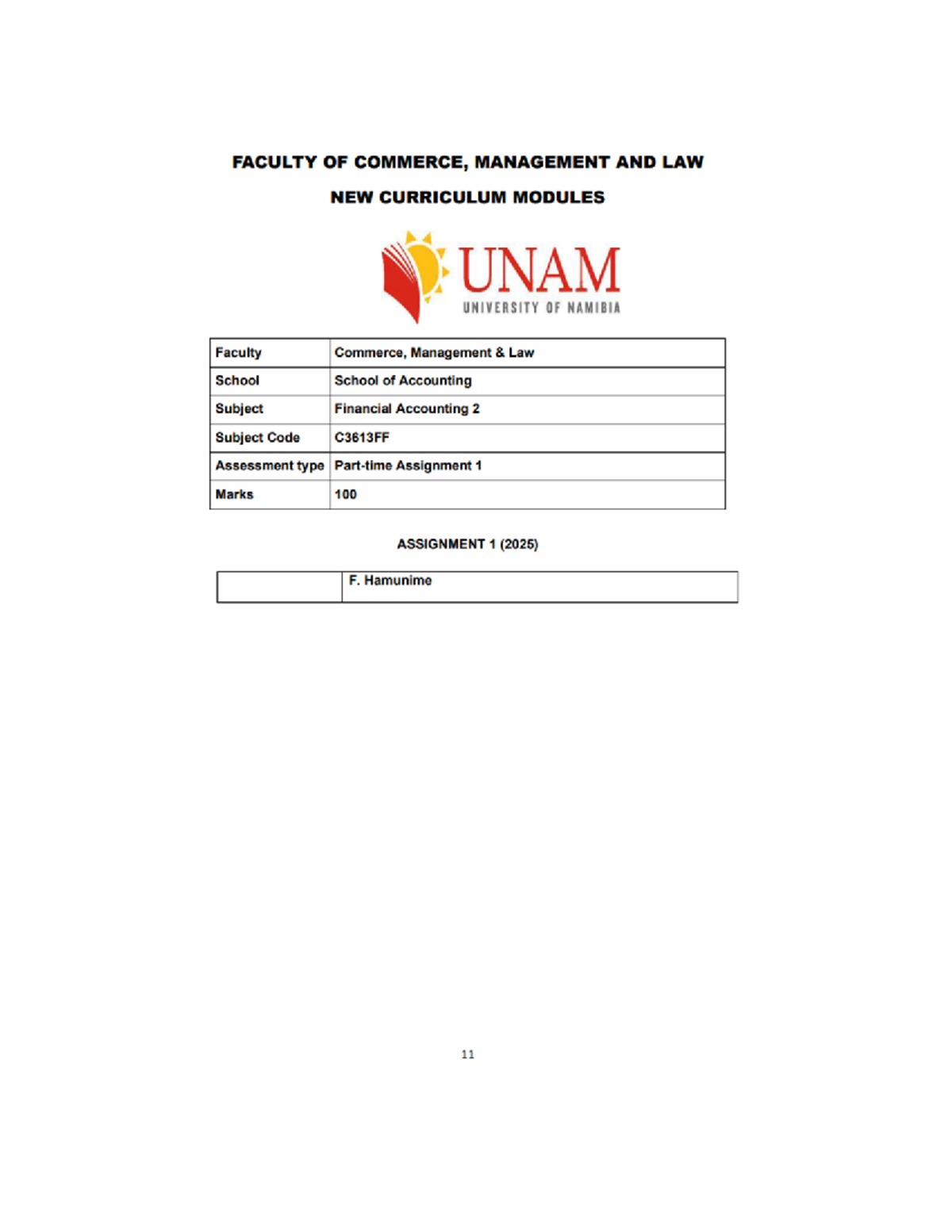 Accounting assignment - FACULTY OF COMMERCE, MANAGEMENT AND LAW NEW ...