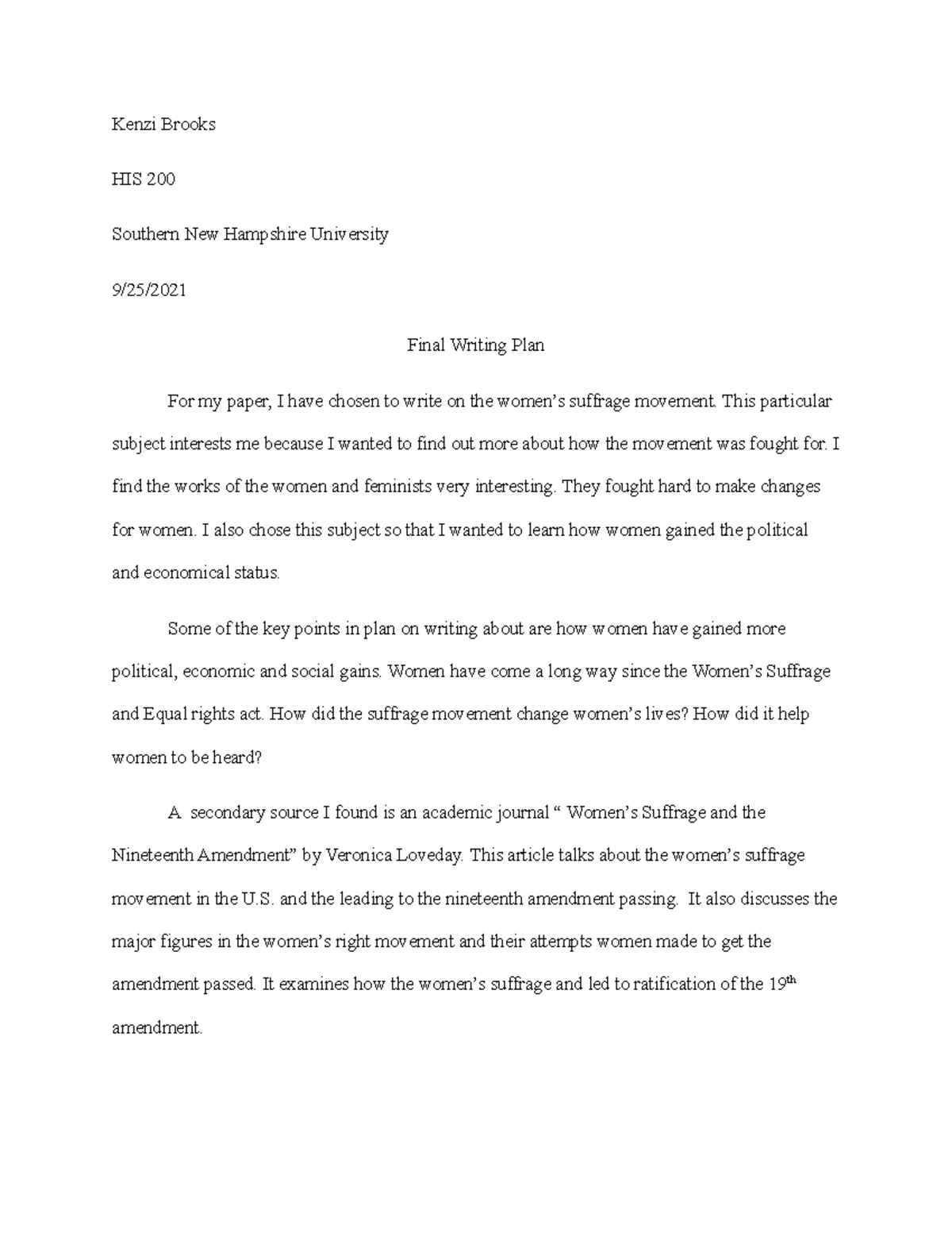 Week 4 final writing plan - Kenzi Brooks HIS 200 Southern New Hampshire ...
