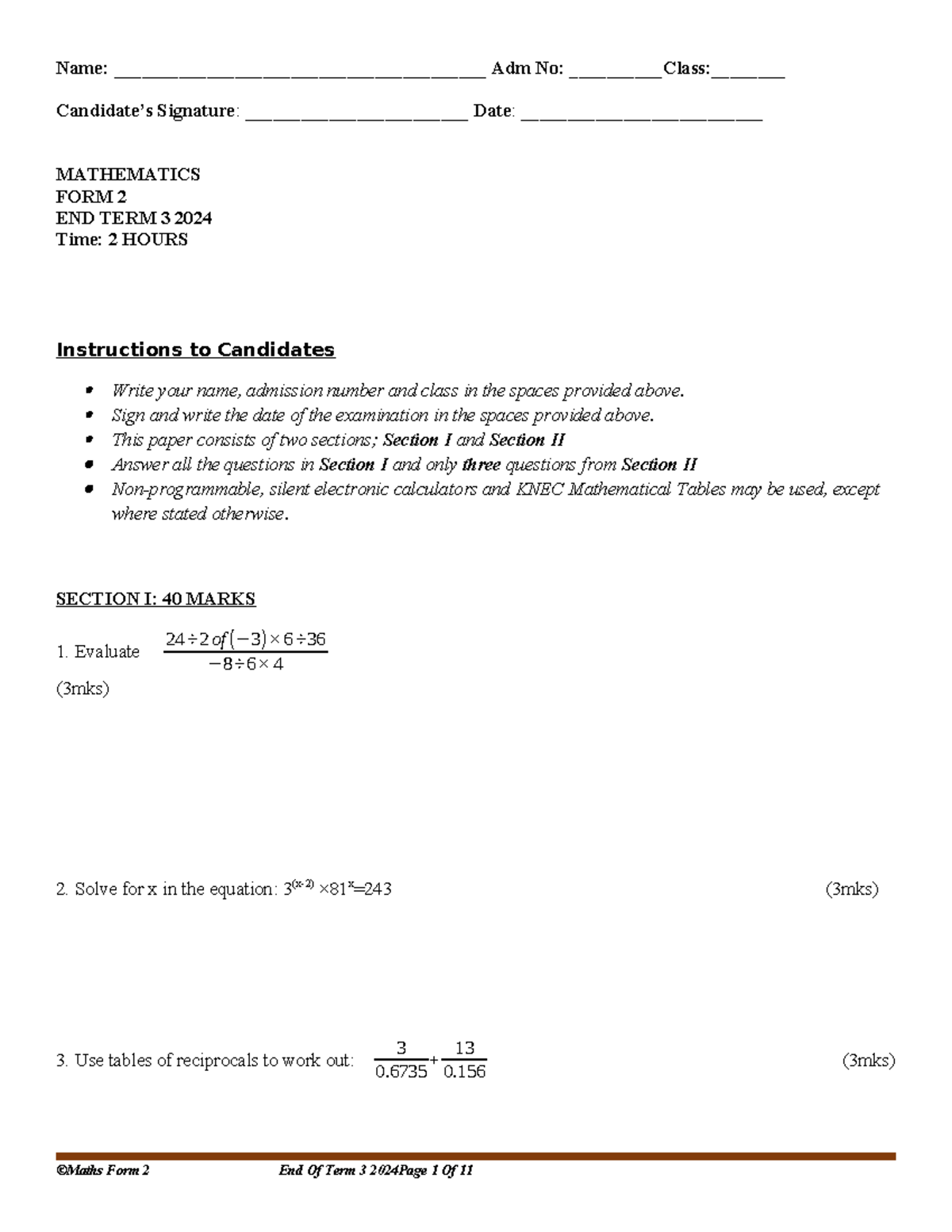 Mathematics Form 2 End Term 3 Exam Questions 2024 - Studocu