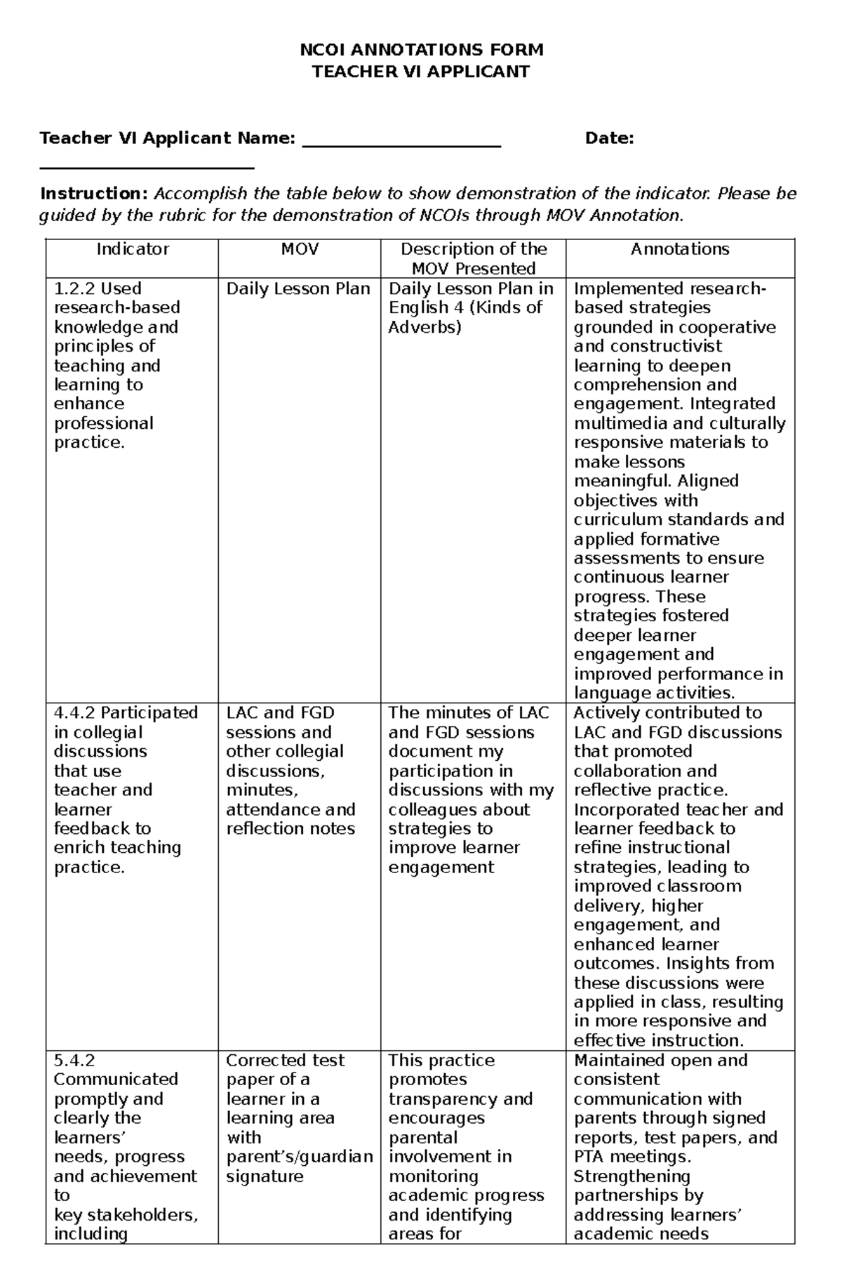 NCOI T6 Annotation Form for Teacher VI Applicant Evaluation - Studocu