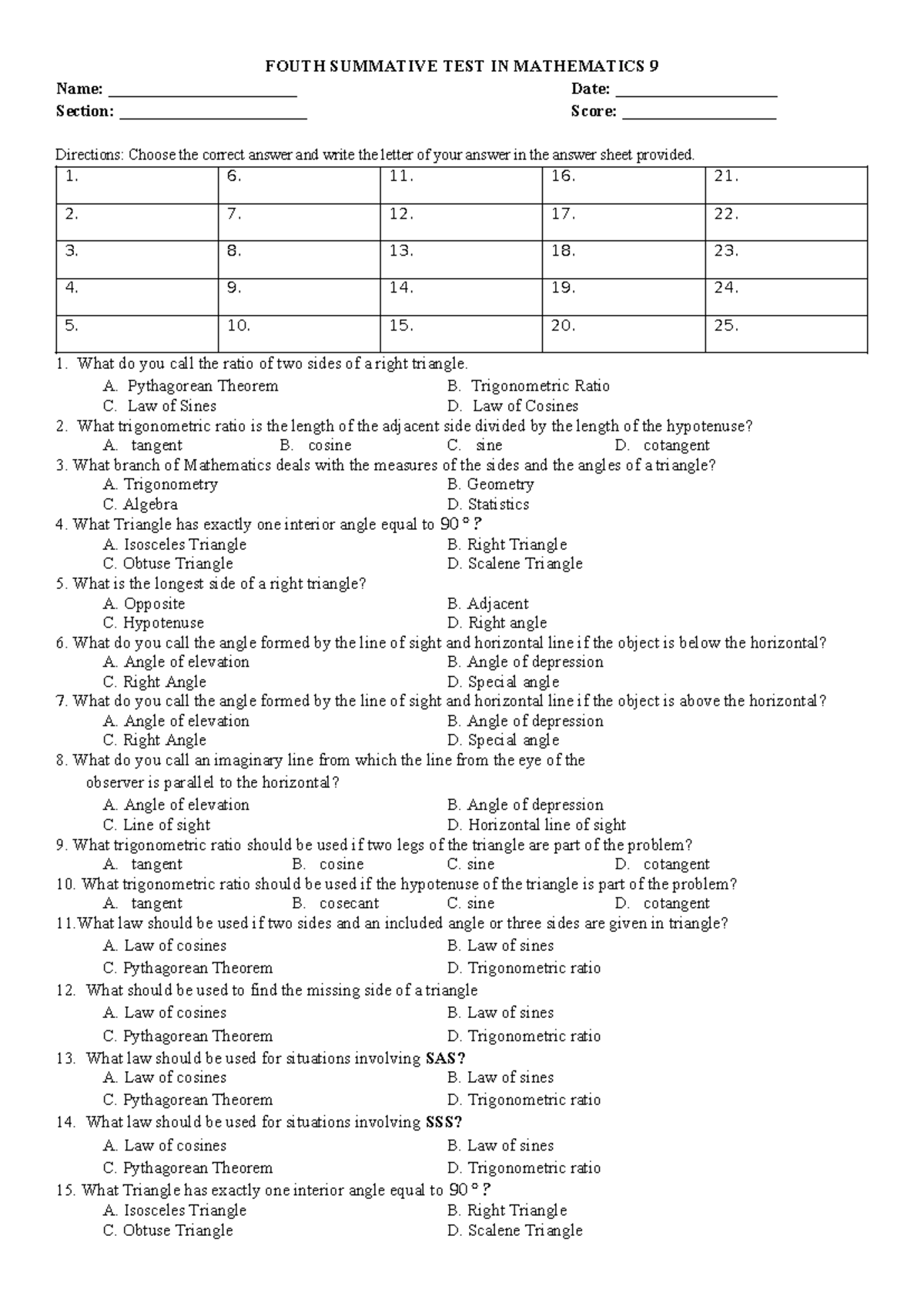 Fourth Summative Test in Math 9: Trigonometry and Right Triangles - Studocu