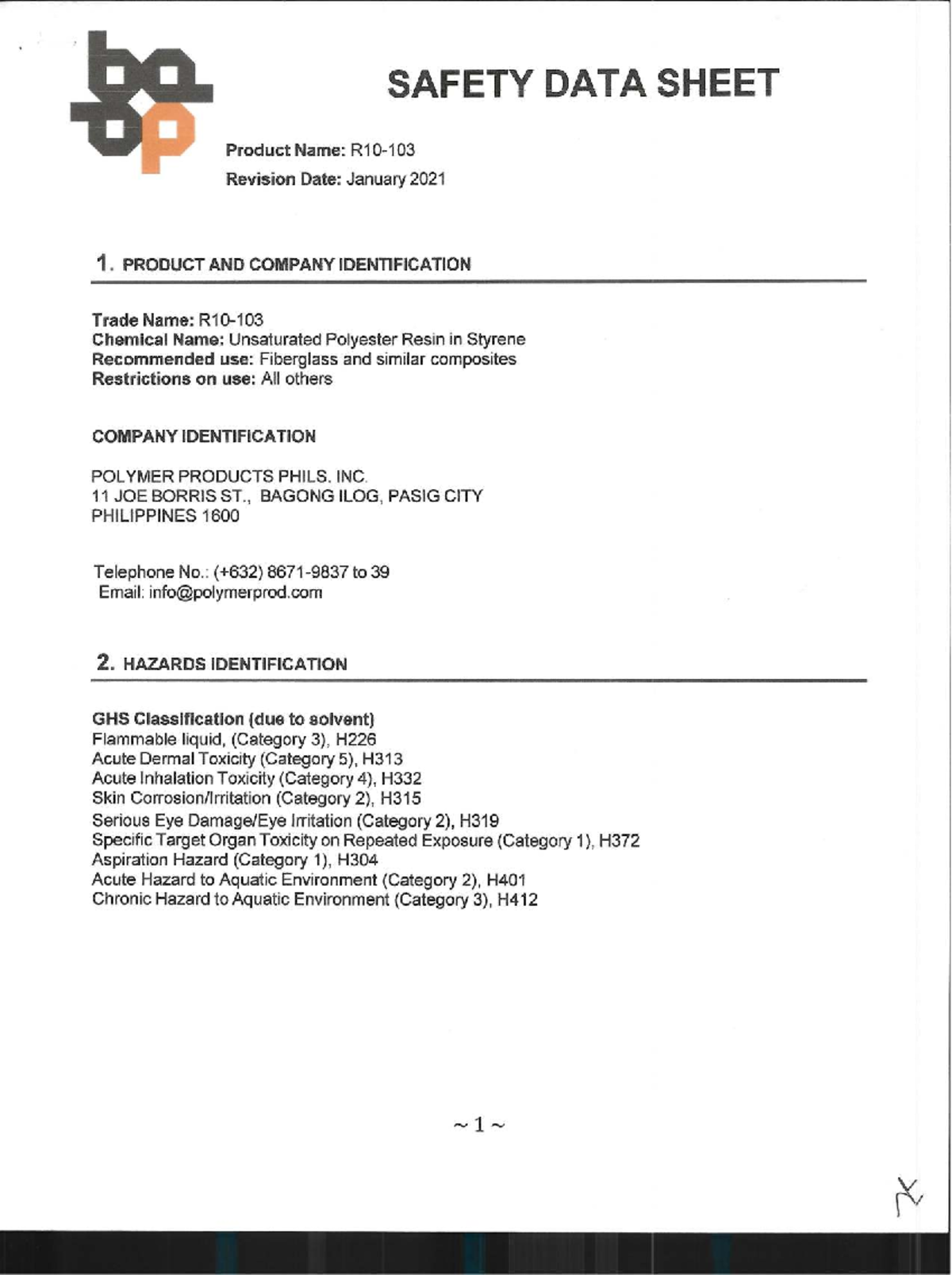 R10-103 Safety Data Sheet for Unsaturated Polyester Resin - Studocu