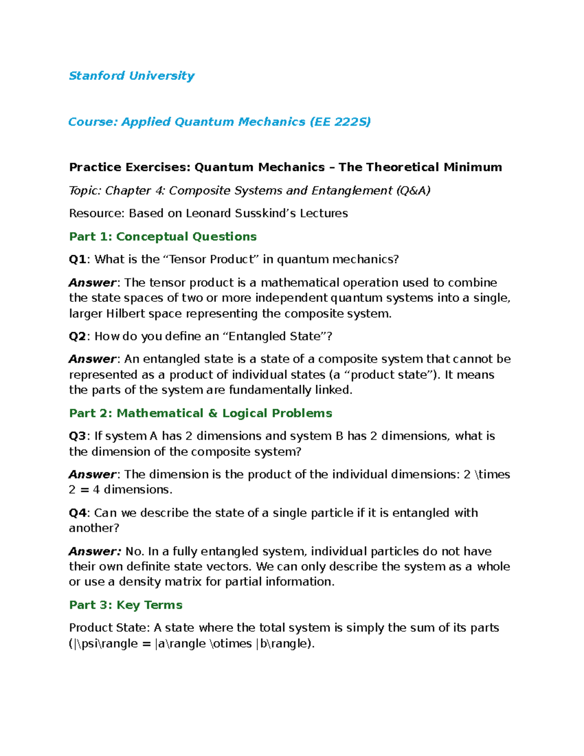 EE Practice Exercises: Quantum Mechanics Chapter 4 QA on Composite ...