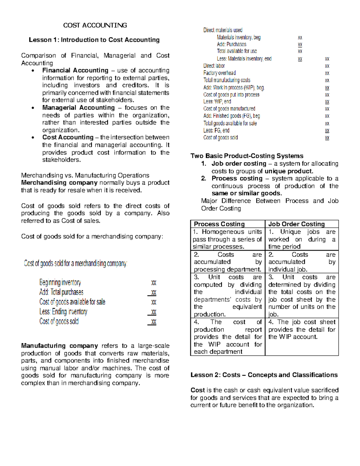 COST ACCOUNTING Reviewer: Midterm Study Notes on Cost Concepts and ...