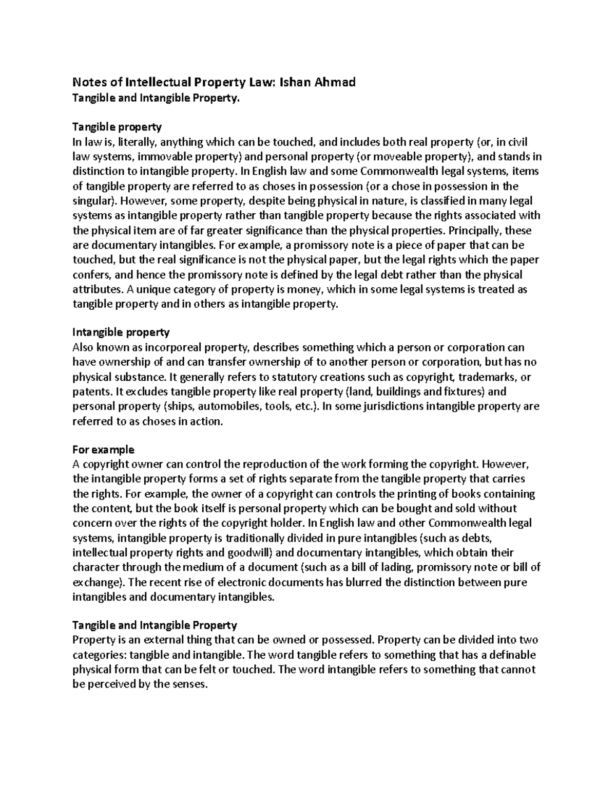 Notes of Intellectual Property Law Tangible and Intangible Property ...