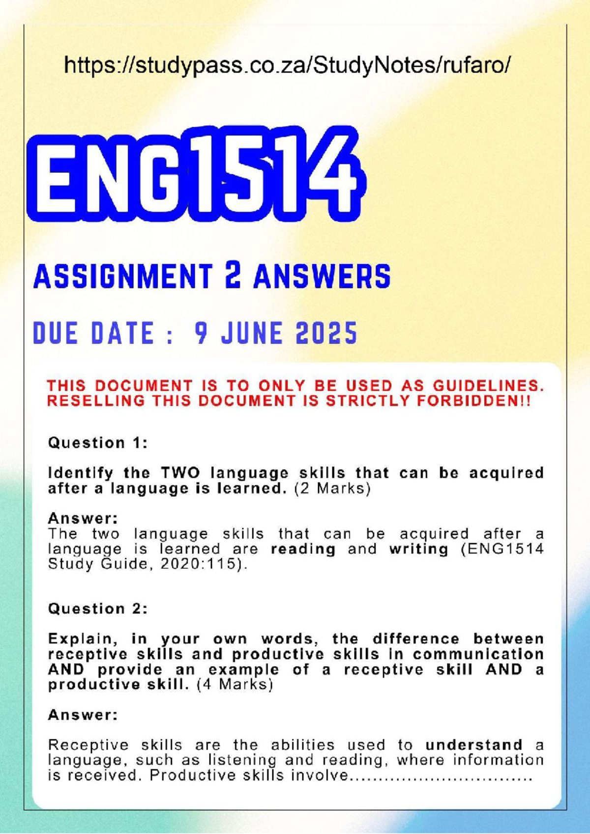 ENG1514 ASSIGNMENT 2 MEMO: LANGUAGE SKILLS & COMMUNICATION 2025 - Studocu