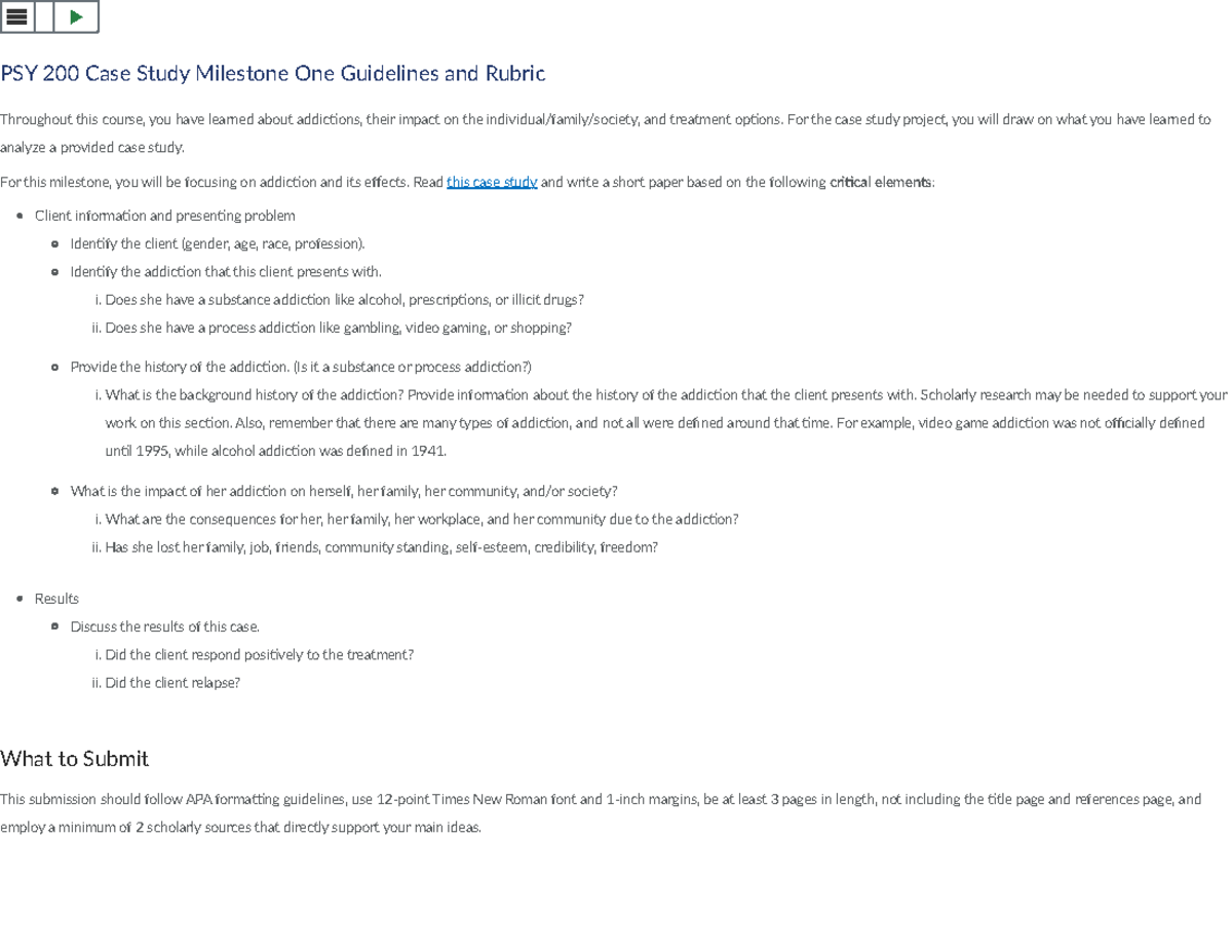 PSY 200 Case Study Milestone 1: Addiction Analysis Guidelines - Studocu