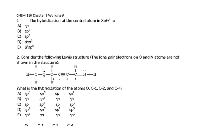 CHEM 110 Chapter 9 Worksheet - Hybridization & Lewis Structures - Studocu