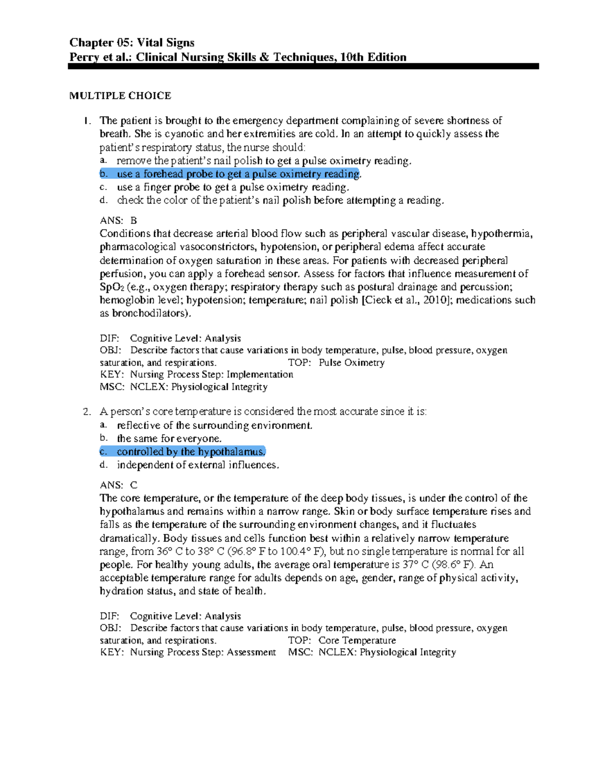 Chapter 5 Clinical Sample Questions: Vital Signs & Assessment ...