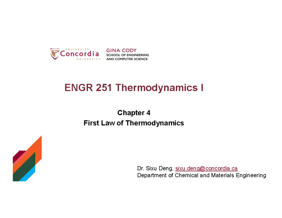 ENGR 251 Thermodynamics I Chapter 4: First Law of Thermodynamics Notes ...