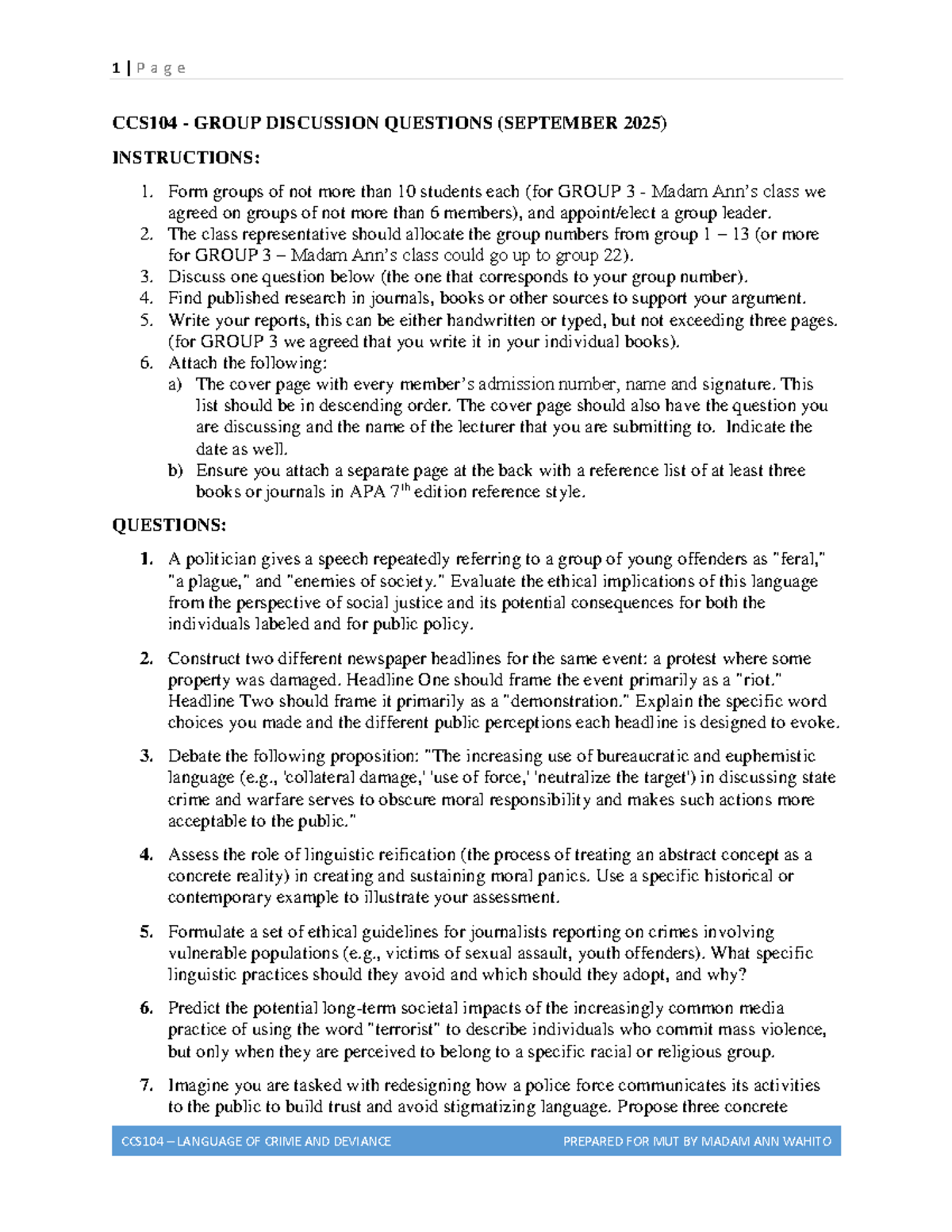 CCS104 LANGUAGE OF CRIME AND DEVIANCE GROUP DISCUSSION QUESTIONS - Studocu
