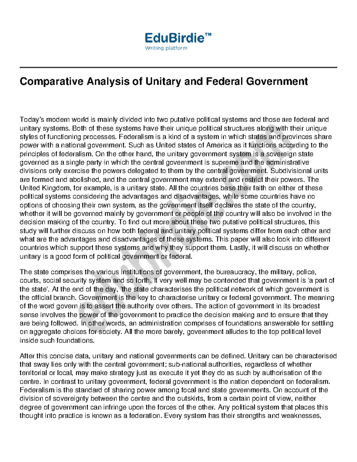 Comparative Analysis of Unitary and Federal Government - Both of these ...