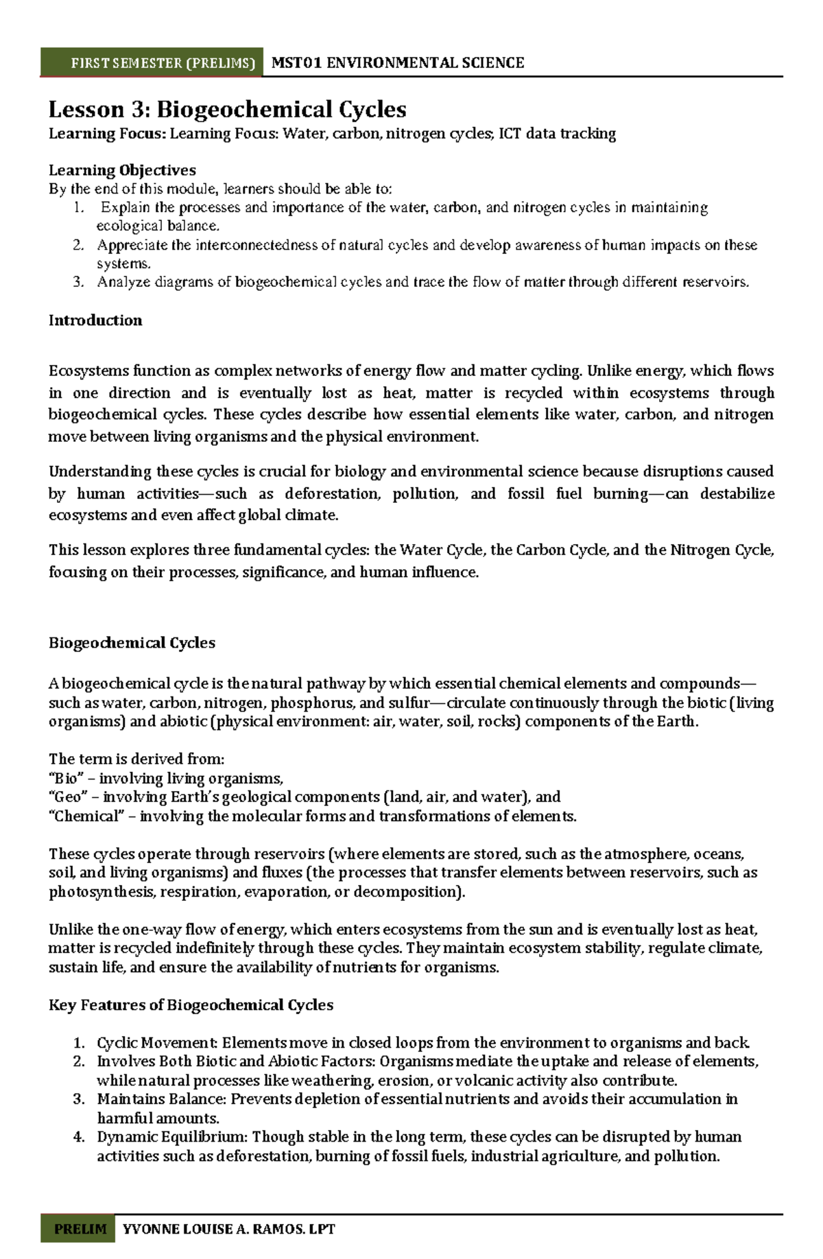 MST01 Environmental Science: Lesson 3 - Biogeochemical Cycles Overview ...