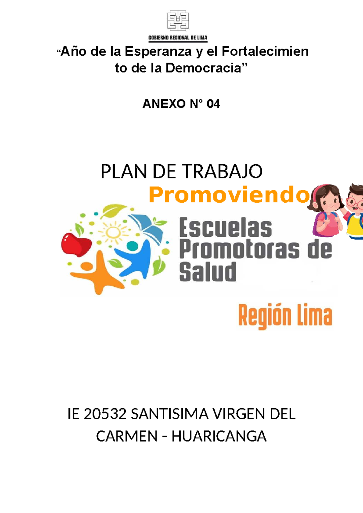 Anexo 04: Plan de Trabajo para Escuelas Promotoras de Salud IE 20532 ...