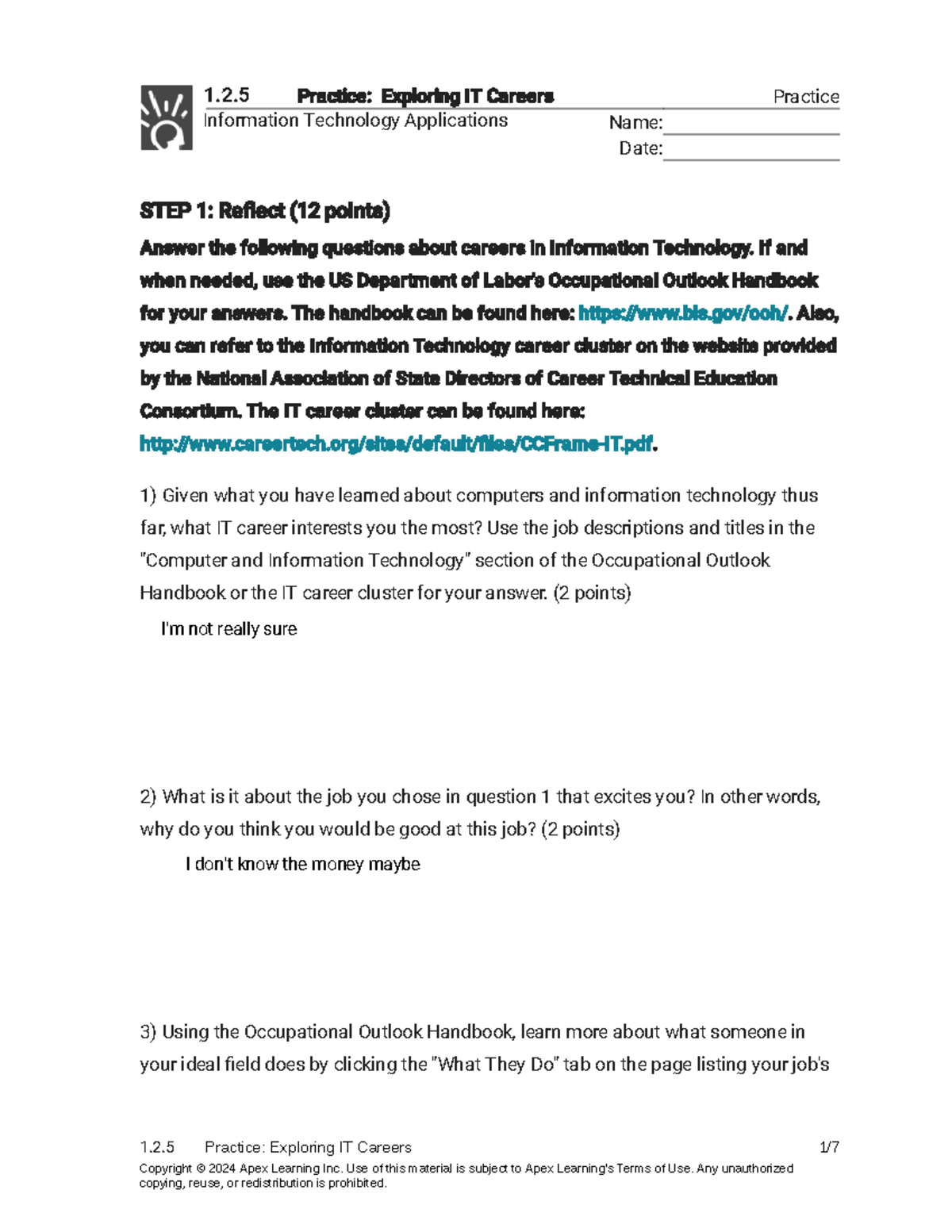 1.2.5 Practice - Career Exploration in Information Technology - Studocu