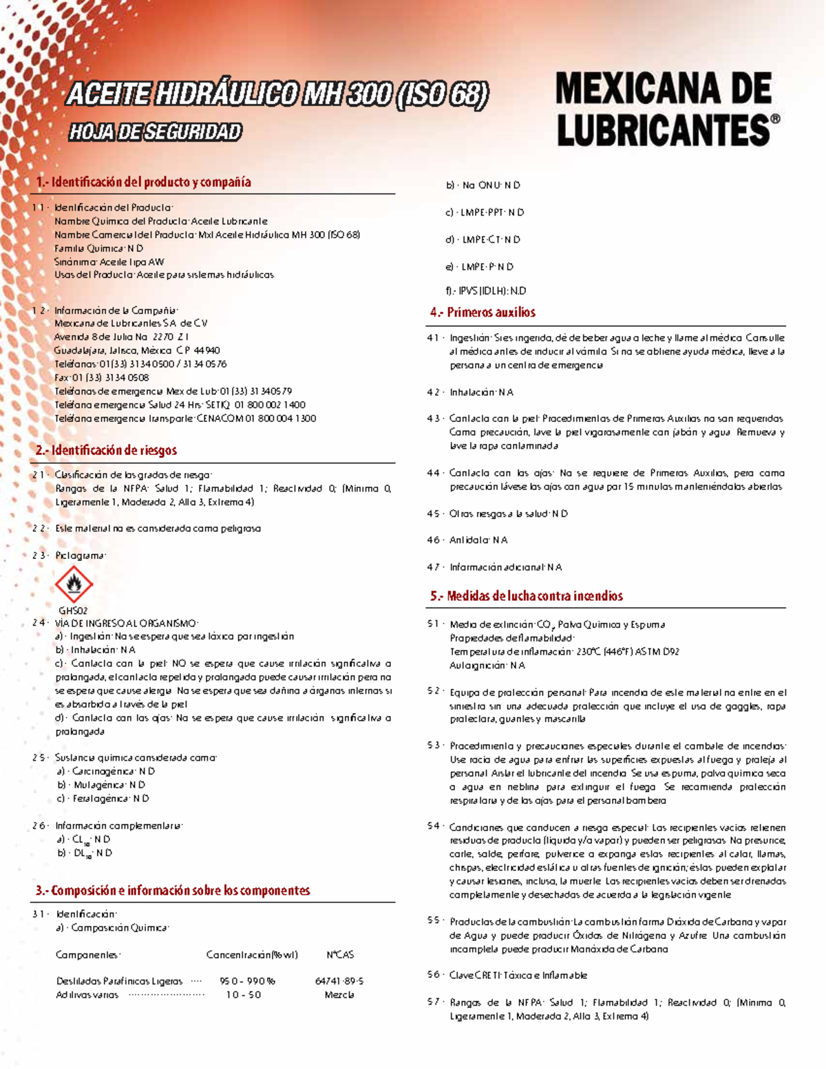 Hoja de Seguridad del Aceite Hidráulico MH 300 (ISO 68) - Studocu