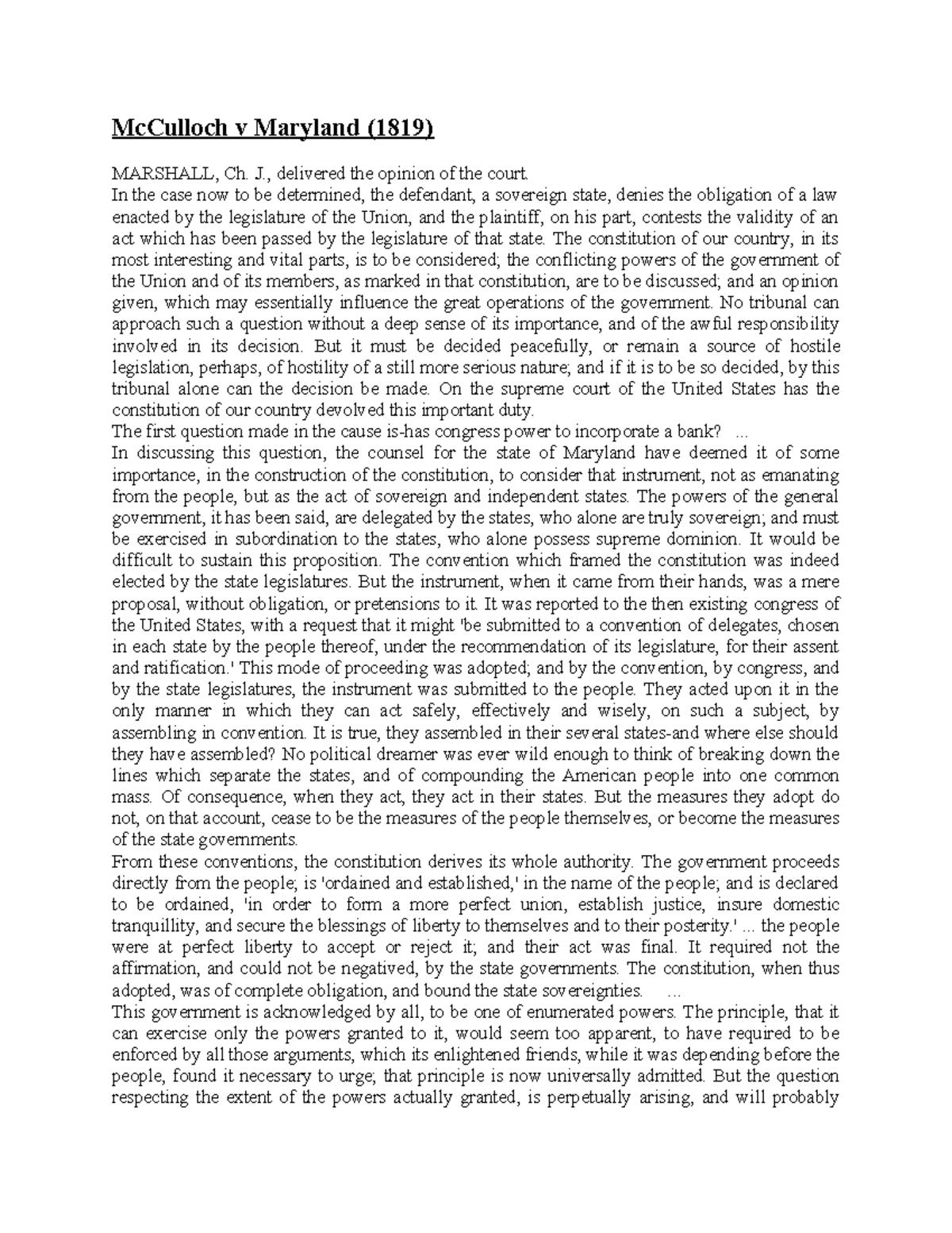 McCulloch v. Maryland (1819) - Supreme Court Decision Overview - Studocu