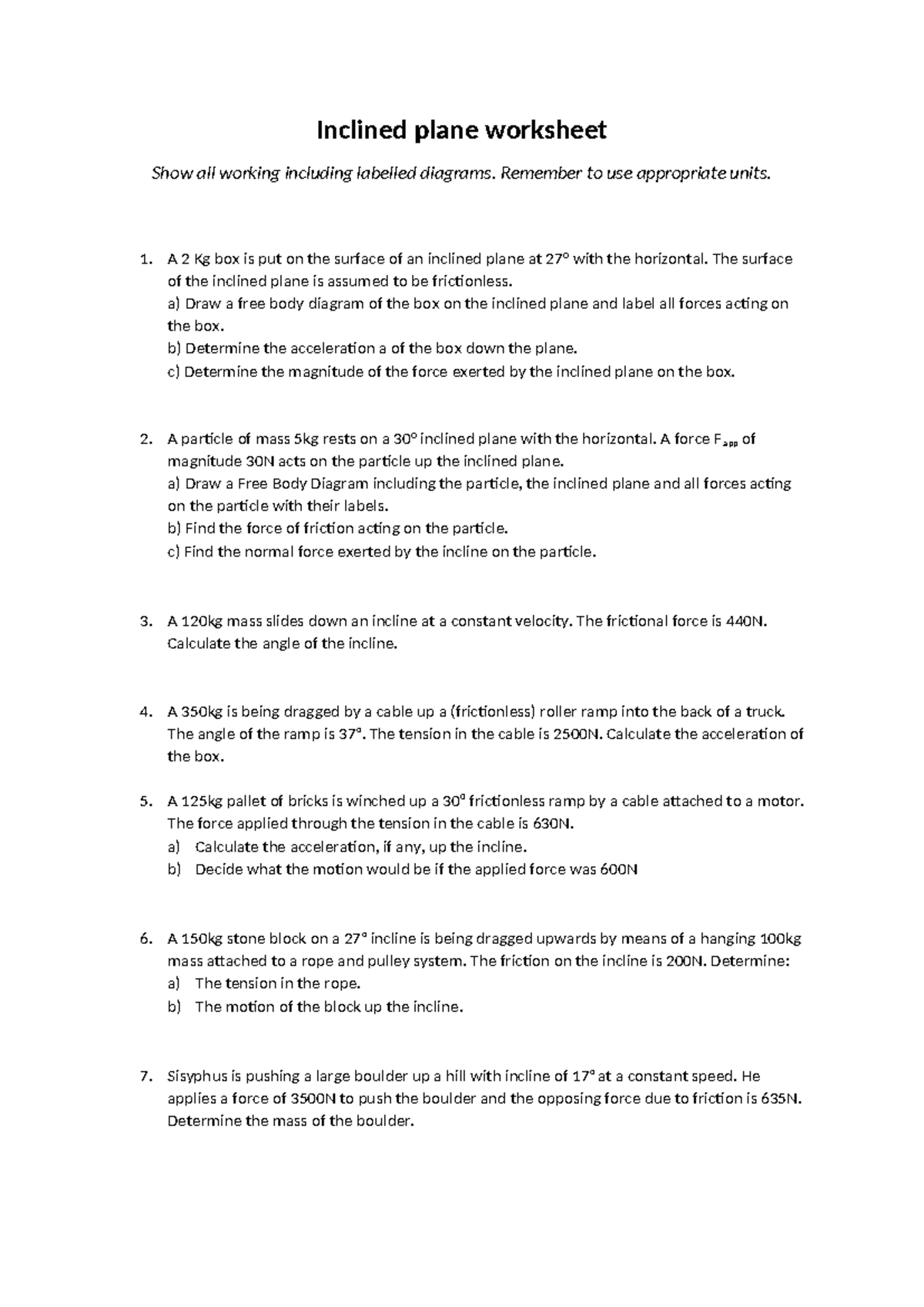 3.06 - Worksheet - Forces on an Inclined Plane Analysis - Studocu