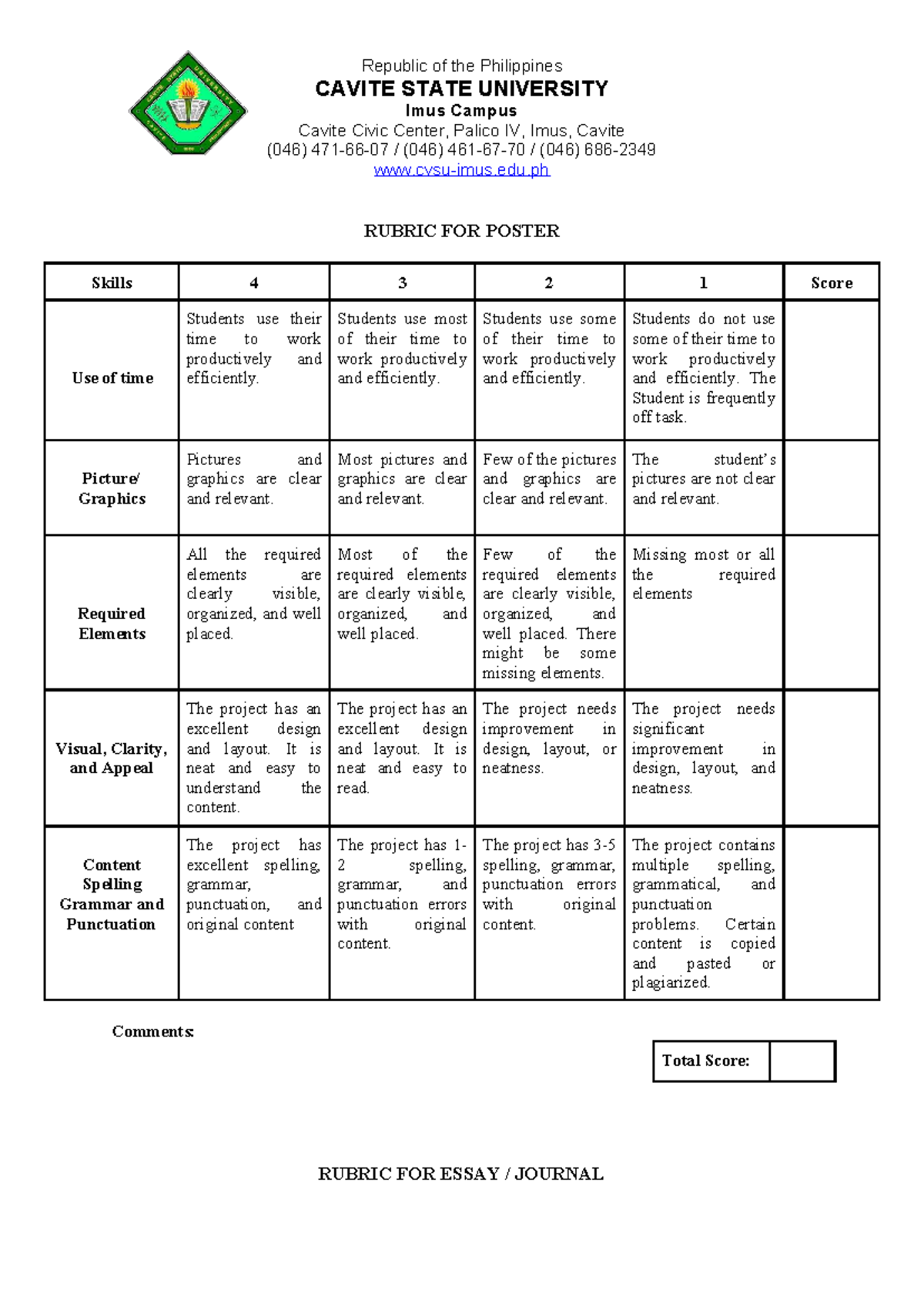 CAVITE STATE UNIVERSITY Rubric for Poster and Essay Evaluation - Studocu