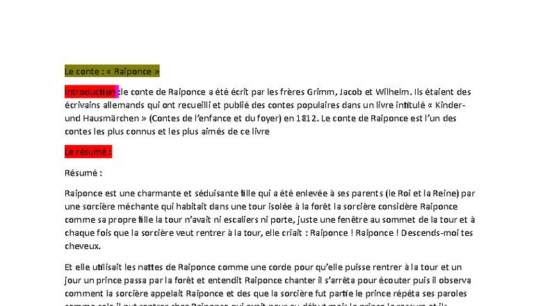 Analyse d'œuvre : Raiponce (Conte des Frères Grimm) - Studocu