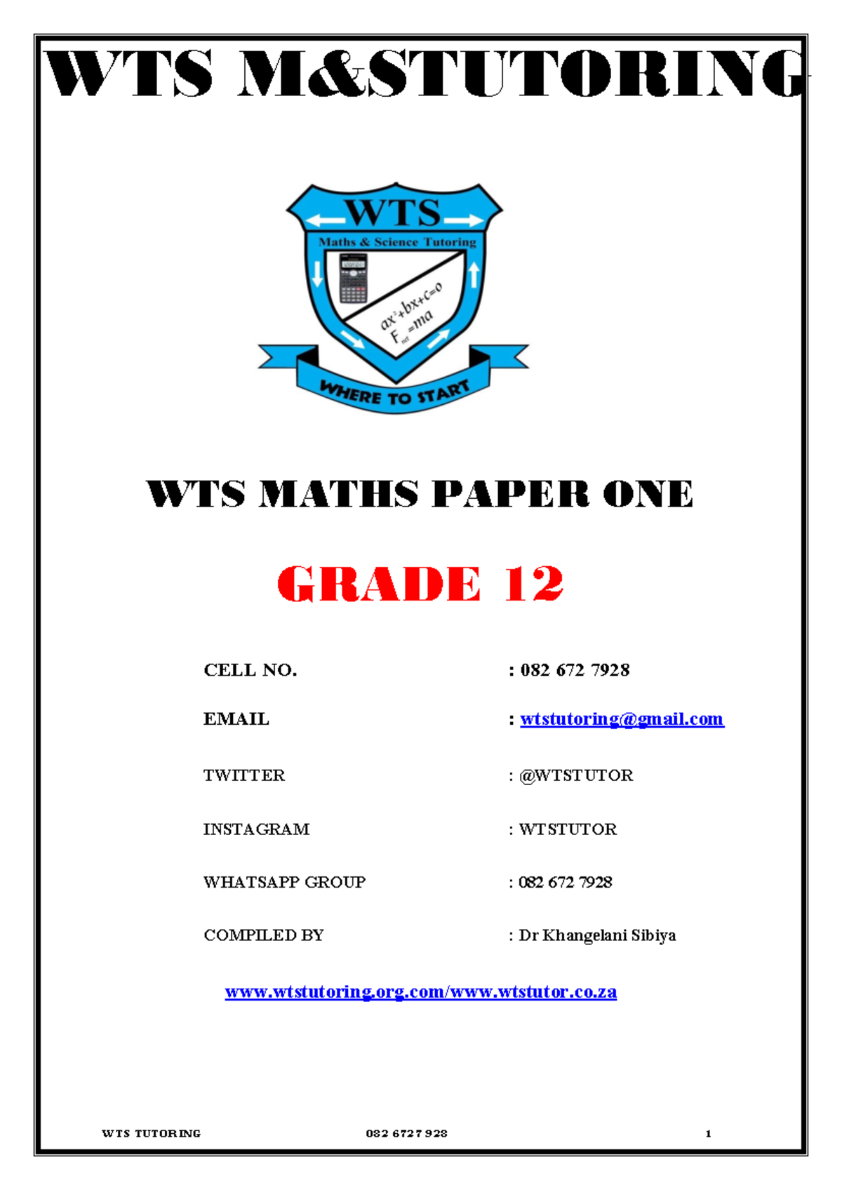 2022 WTS Mathematics Paper One for Grade 12: Comprehensive Guide - Studocu