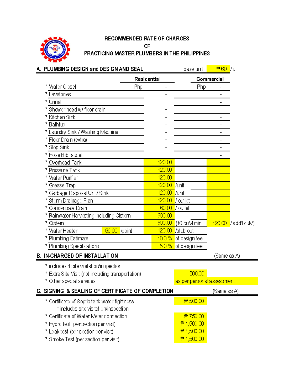 Recommended Rates for Master Plumber Charges in PH - NAMPAP - Studocu