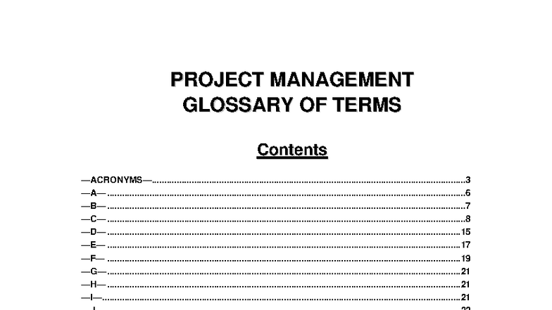 PROJECT MANAGEMENT GLOSSARY OF TERMS (FALL 2007) - Studocu