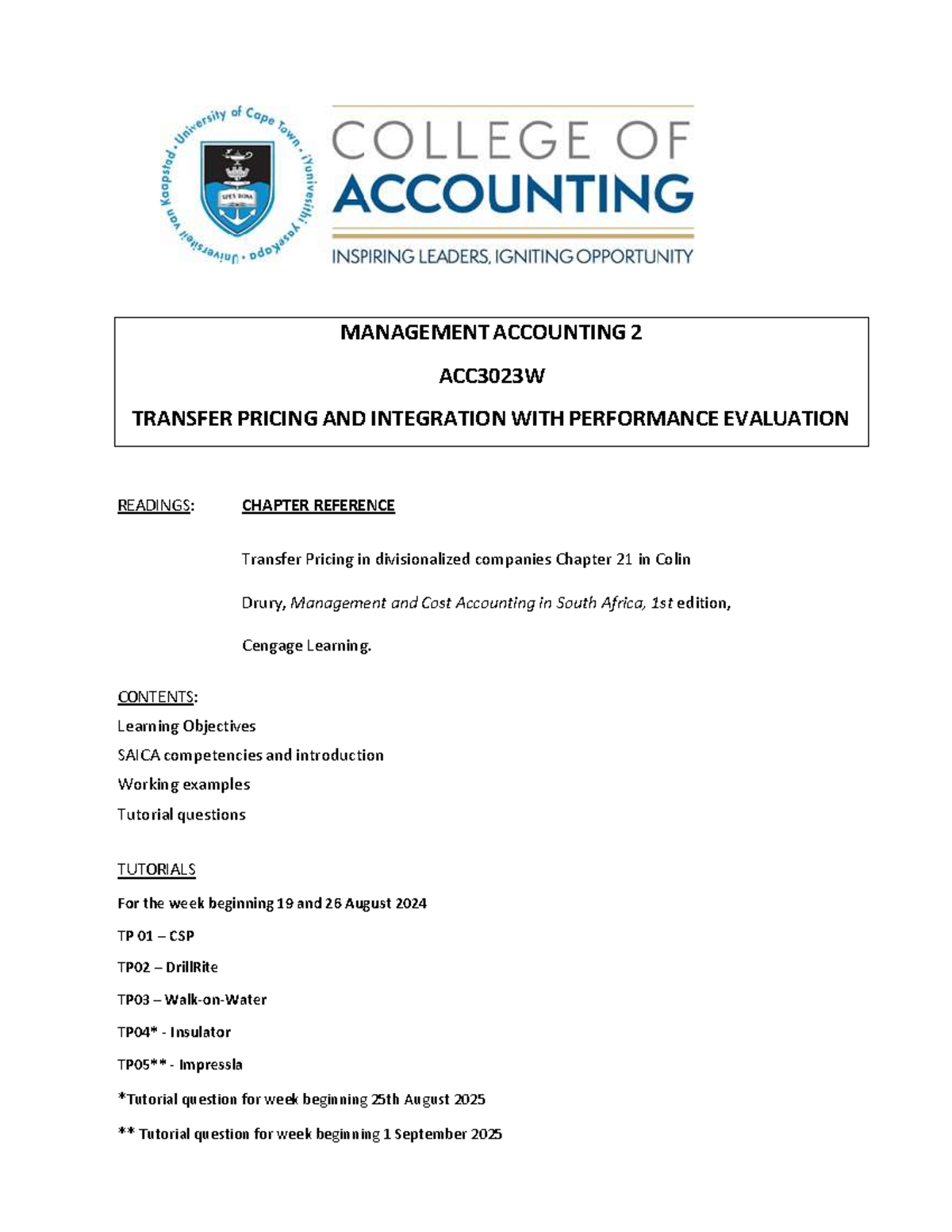 ACC3023W MANAGEMENT ACCOUNTING II TRANSFER PRICING TUTORIAL NOTES AND ...