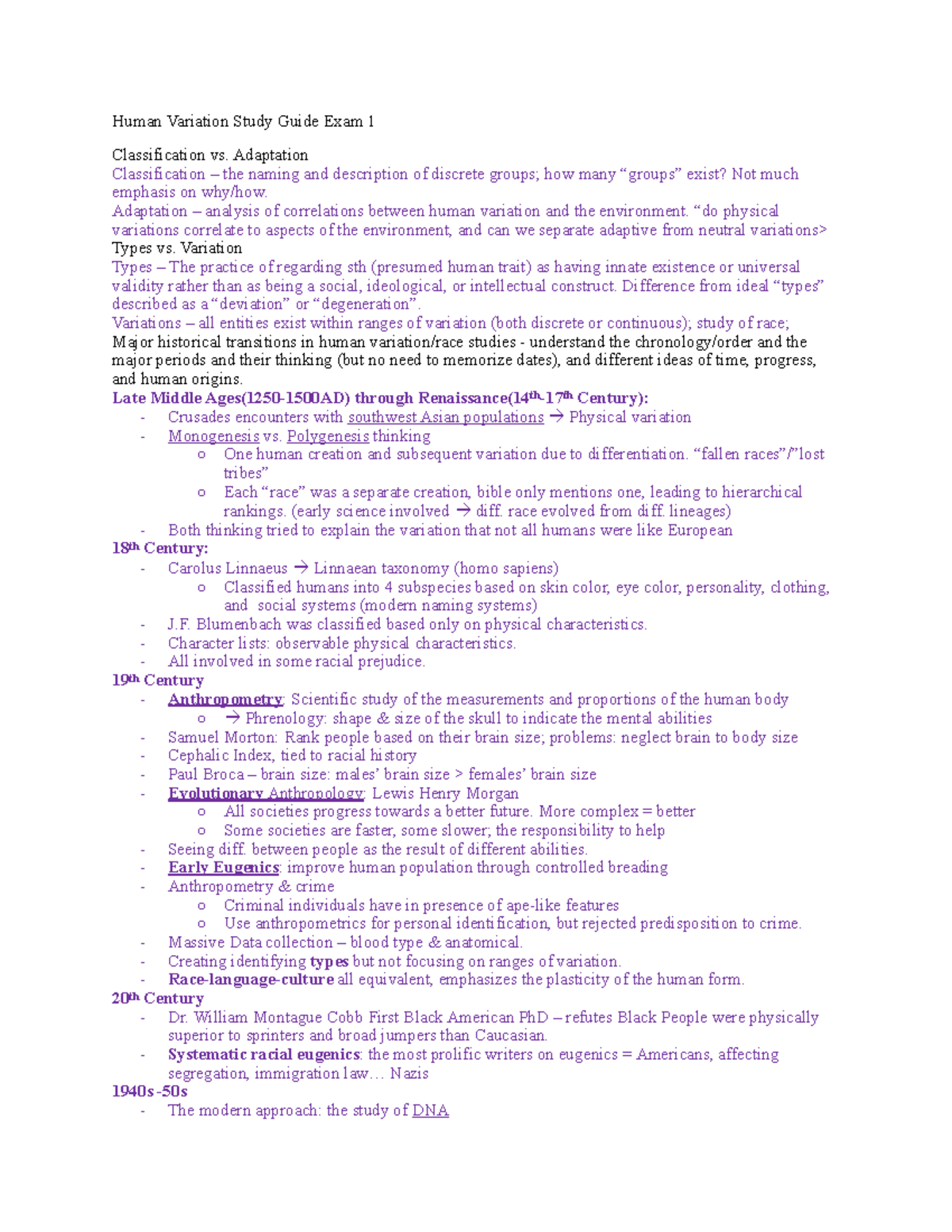 Human Variation Exam 1 Study Guide: Classification and Adaptation - Studocu