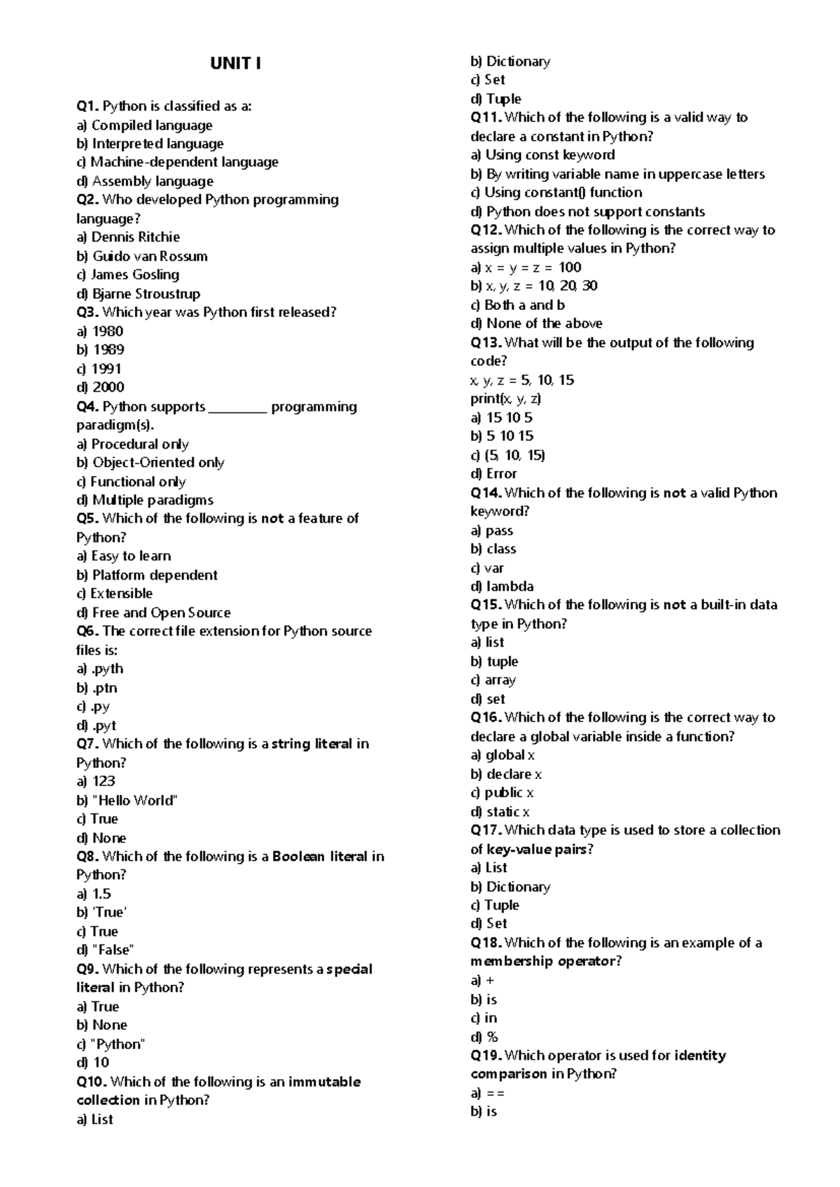 Python MCQs: UNIT I & II Comprehensive Review - Studocu