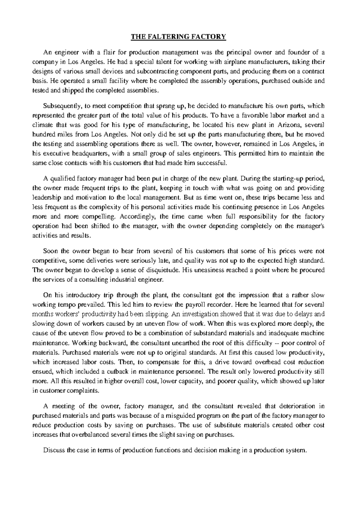 Production Challenges in The Faltering Factory Case Study - Studocu