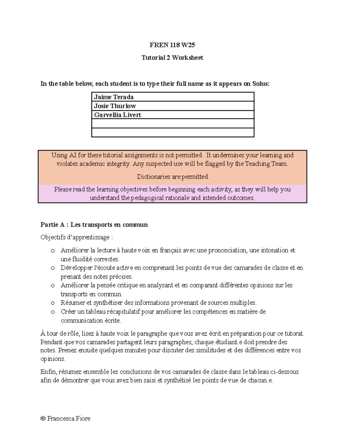 Tutorial 2 Worksheet - FREN 118 W Tutorial 2 Worksheet In the table ...