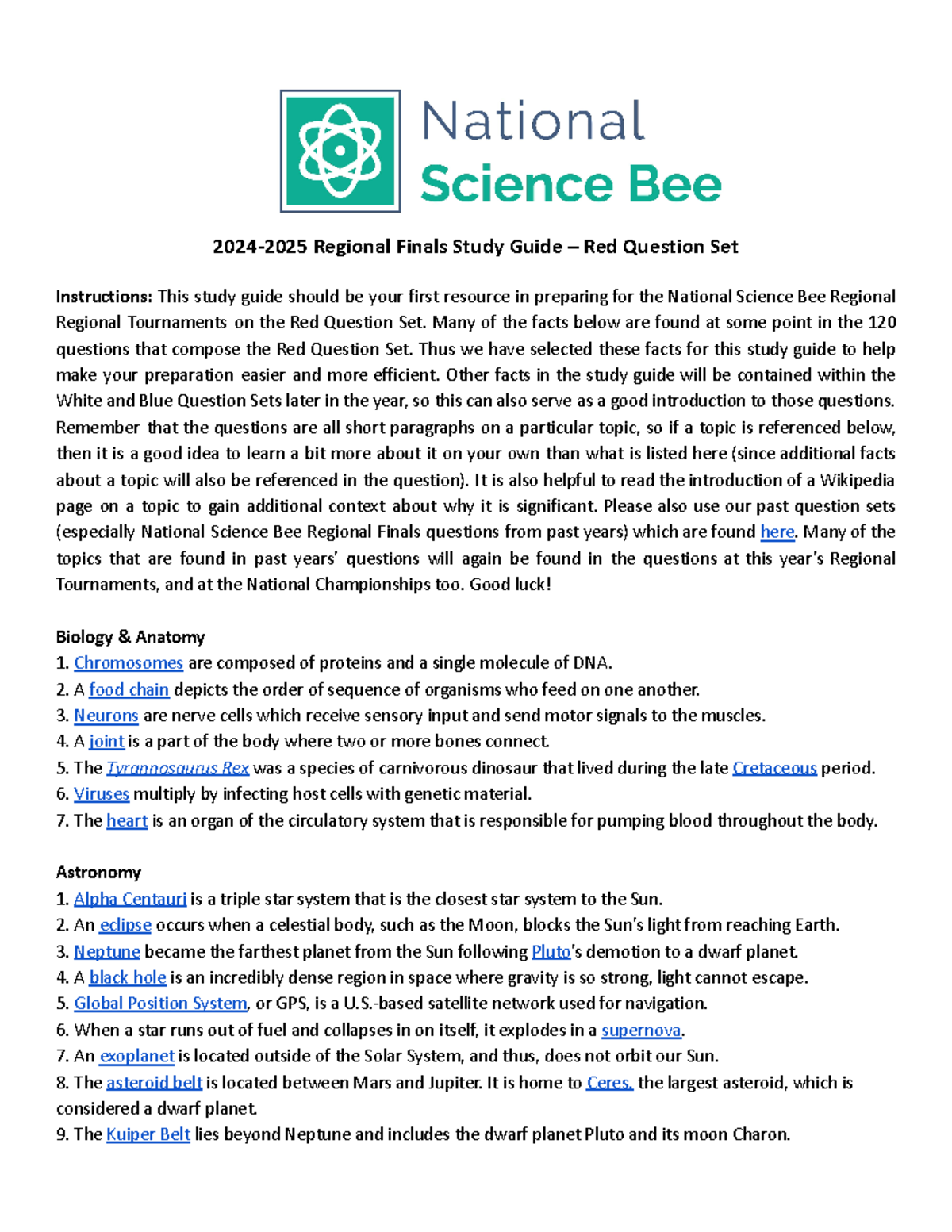2024-2025 National Science Bee Regional Finals Study Guide - Red Set ...