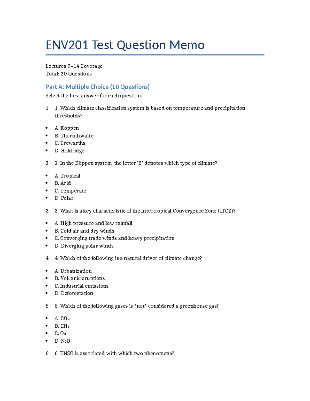 ENV201 Test Question Memo: Climate Change & Classification Coverage ...