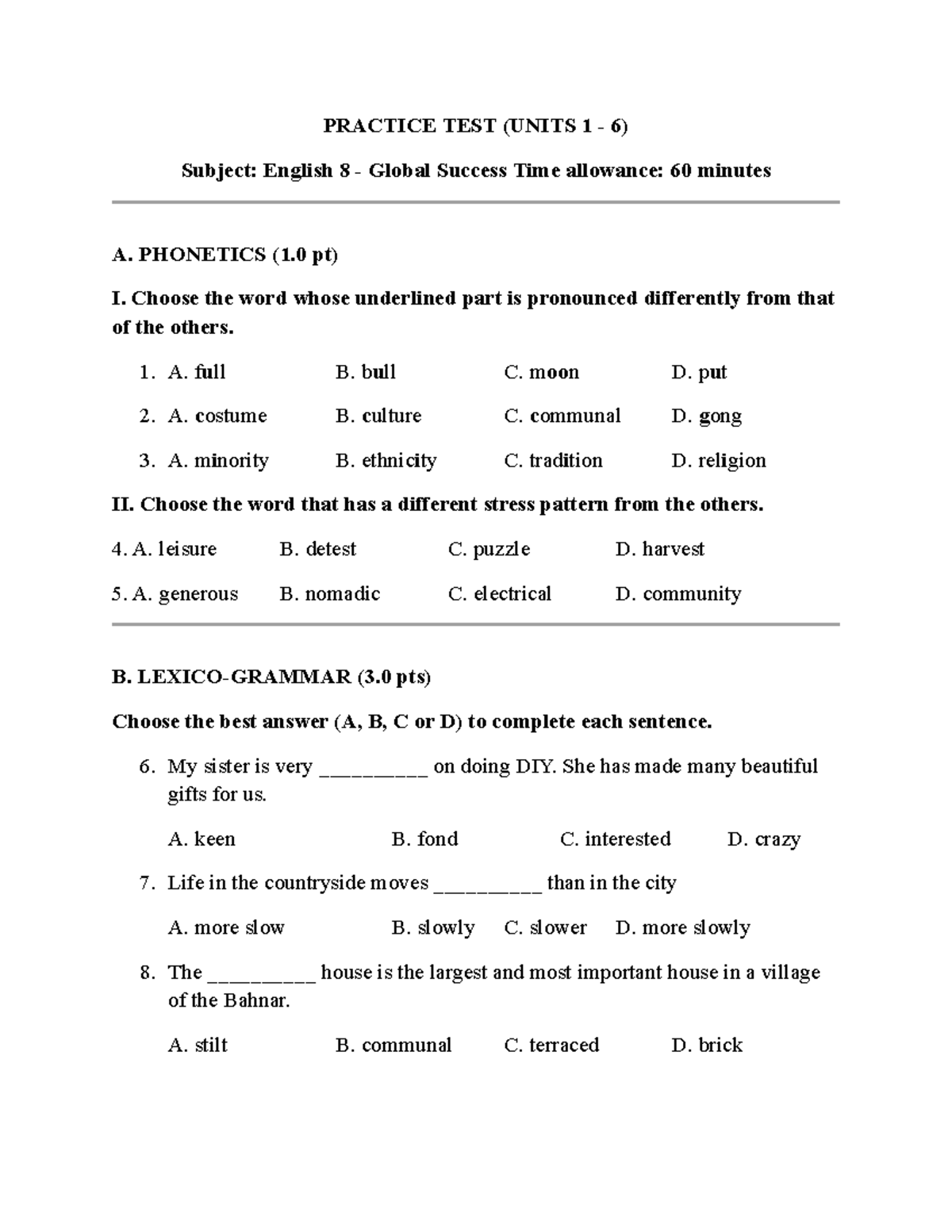PRACTICE TEST (UNITS 1-6) - English 8 Global Success - Studocu