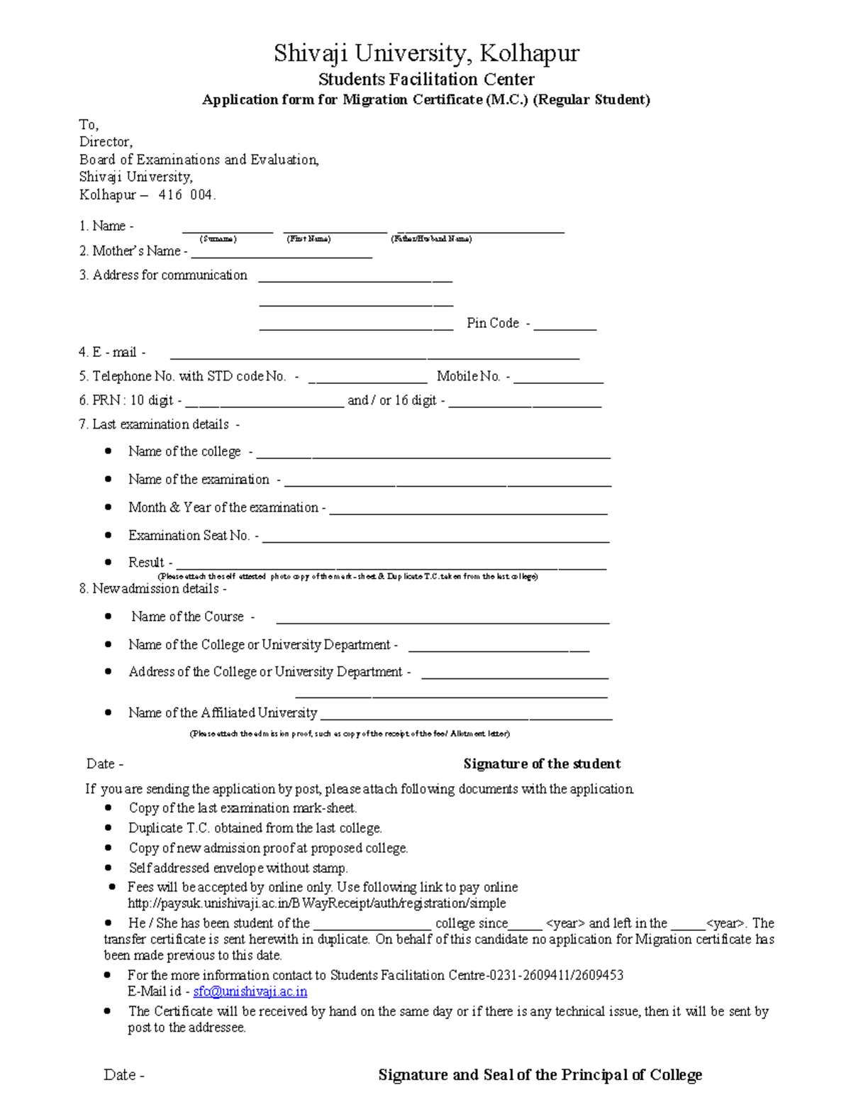 Migration Certificate Application Form (M.C.) - Shivaji University ...