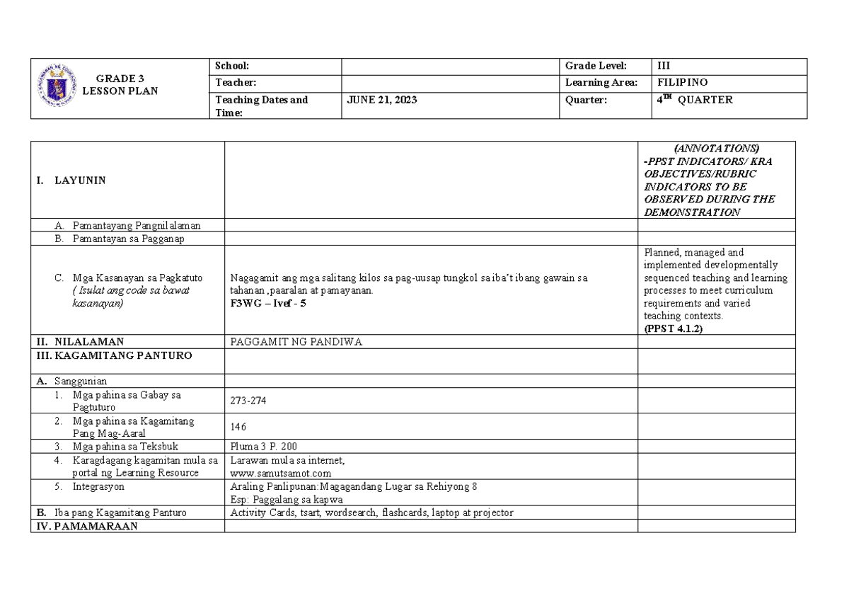 GRADE 3 FILIPINO LESSON PLAN: TEACHING STRATEGIES & ACTIVITIES - Studocu