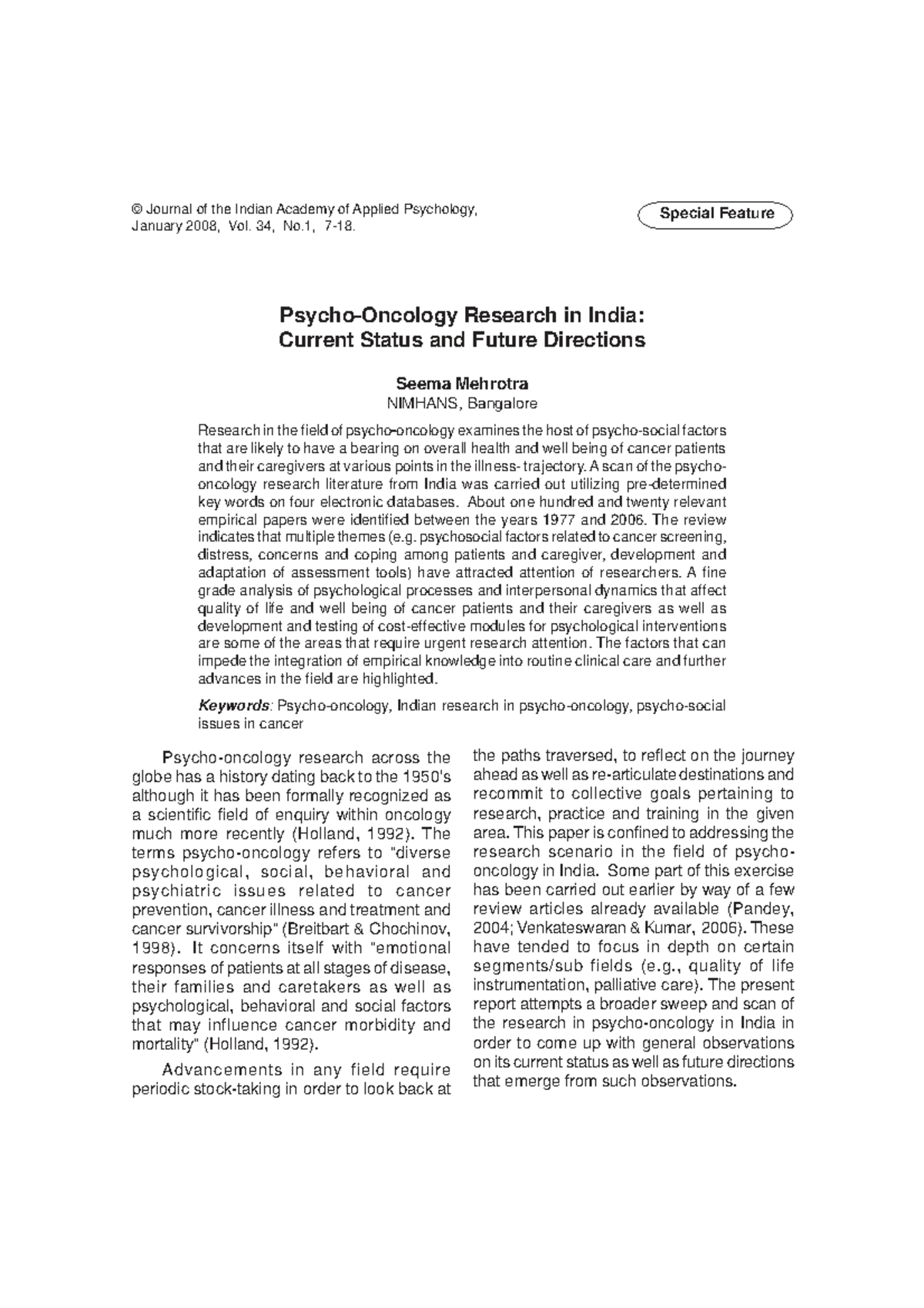 Psycho-Oncology Research in India: Current Trends & Future Directions ...