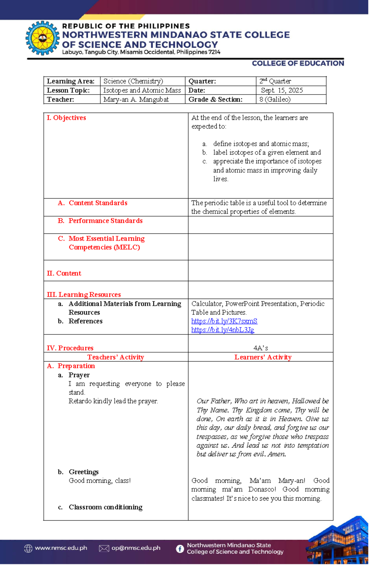 Isotopes and Atomic Mass: Lesson Plan for Science 8 (Galileo) - Studocu