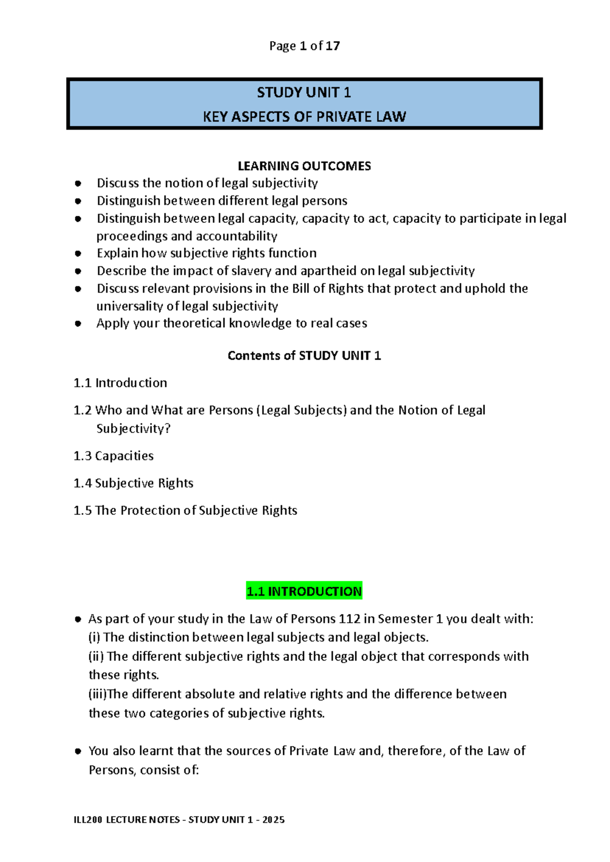 ILL200 Lecture Notes: Key Aspects of Private Law - Study Unit 1 (2025 ...