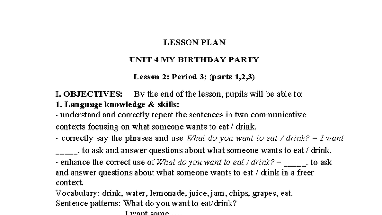 LESSON PLAN UNIT 4: MY BIRTHDAY PARTY (Lesson 2) - Studocu