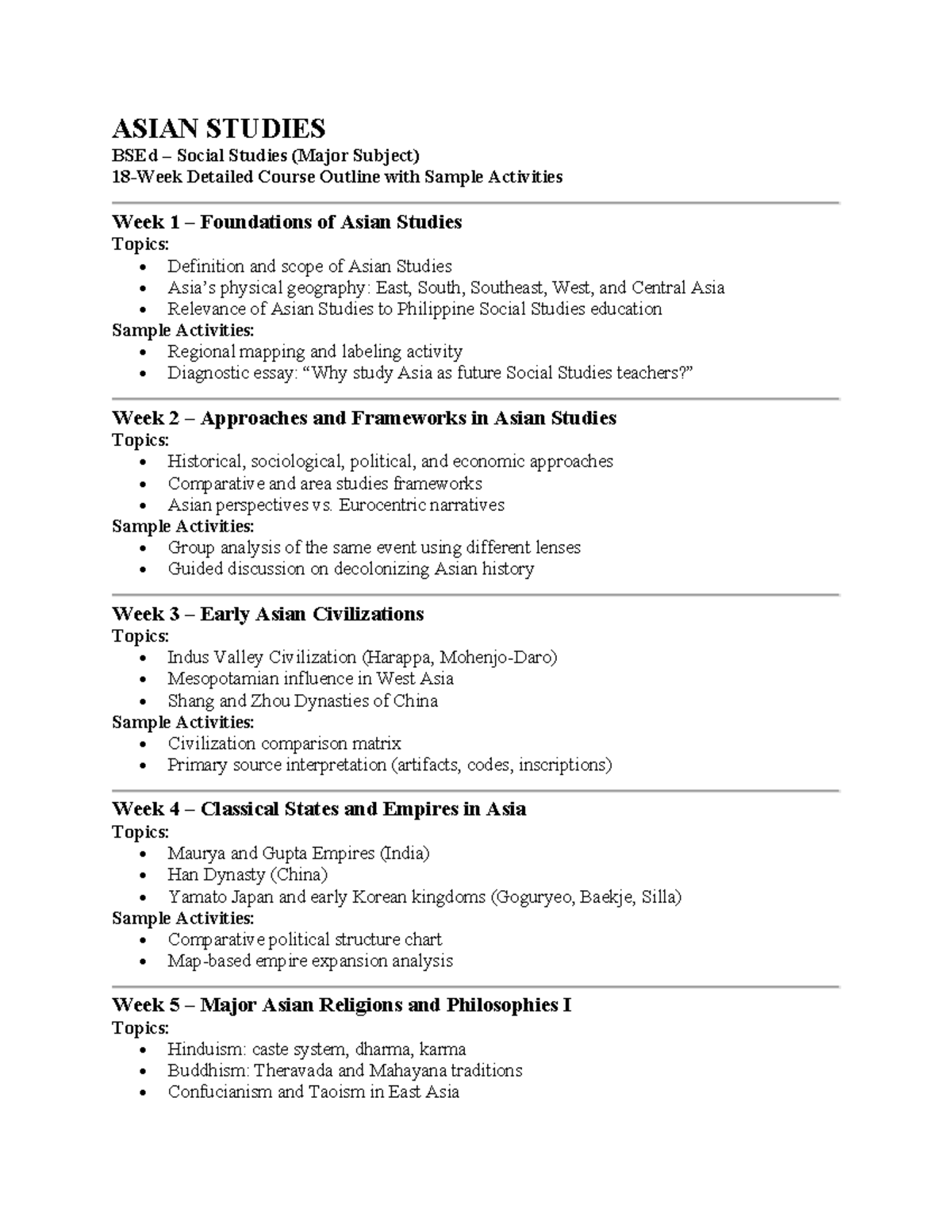 ASIAN STUDIES BSEd Detailed Course Outline and Lesson Notes - Studocu