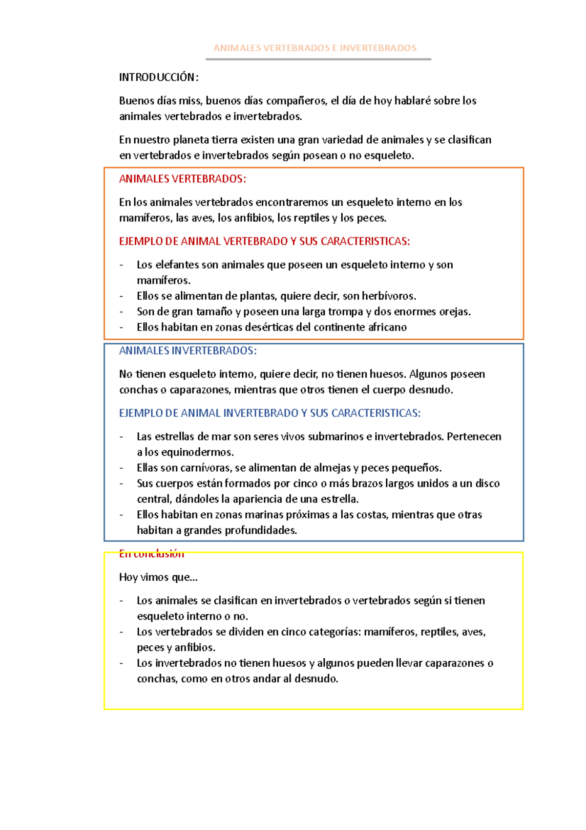 Informe sobre Animales Vertebrados e Invertebrados - 3ER Grado Biología ...
