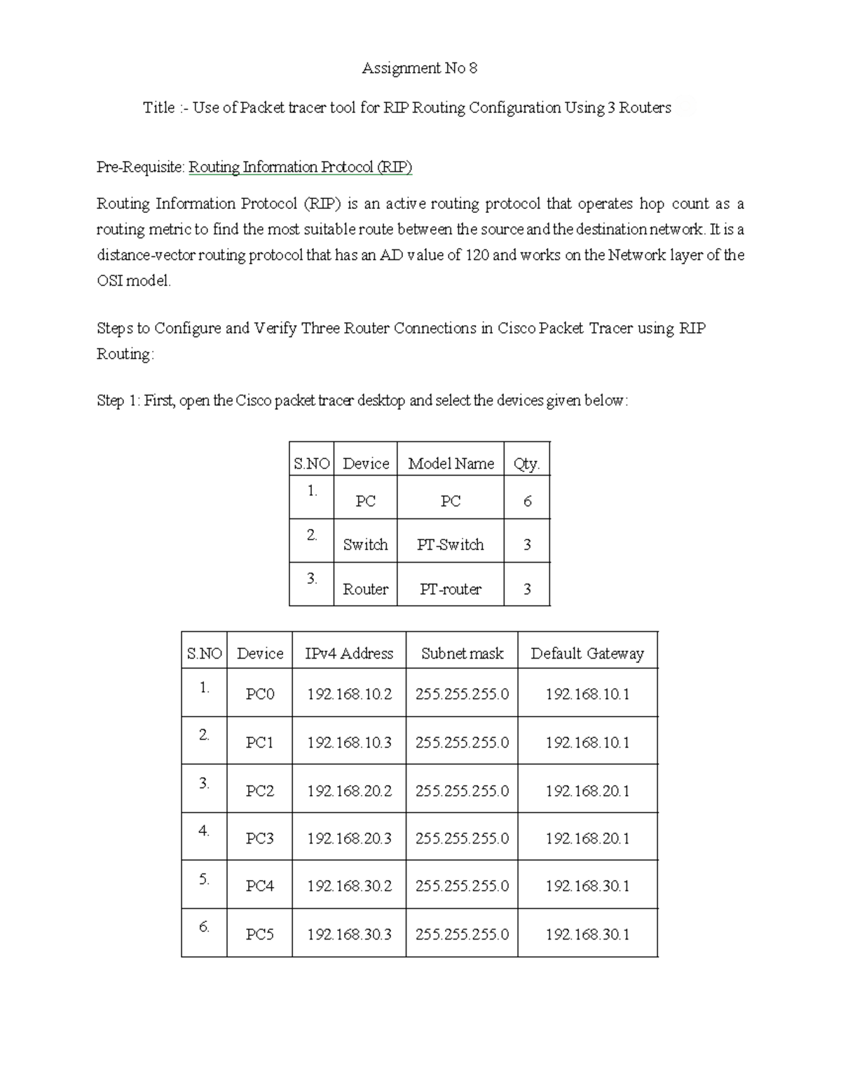 CNS 8: Configuring RIP Routing with Packet Tracer and 3 Routers - Studocu