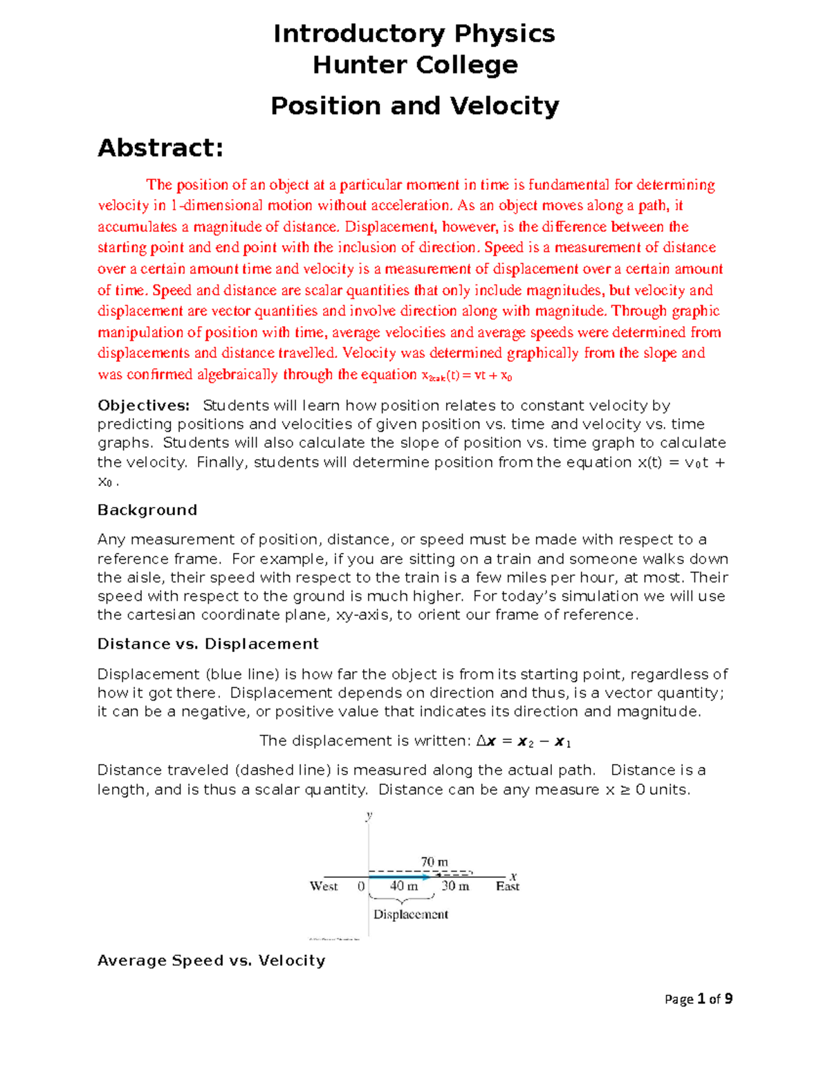 Physics Lab 1: Exploring Position and Velocity in 1D Motion - Studocu