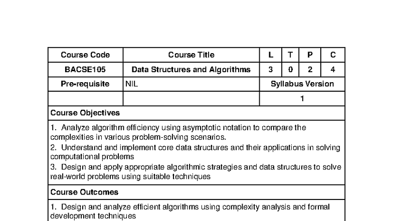 BACSE105 Data Structures & Algorithms Syllabus Overview - Studocu