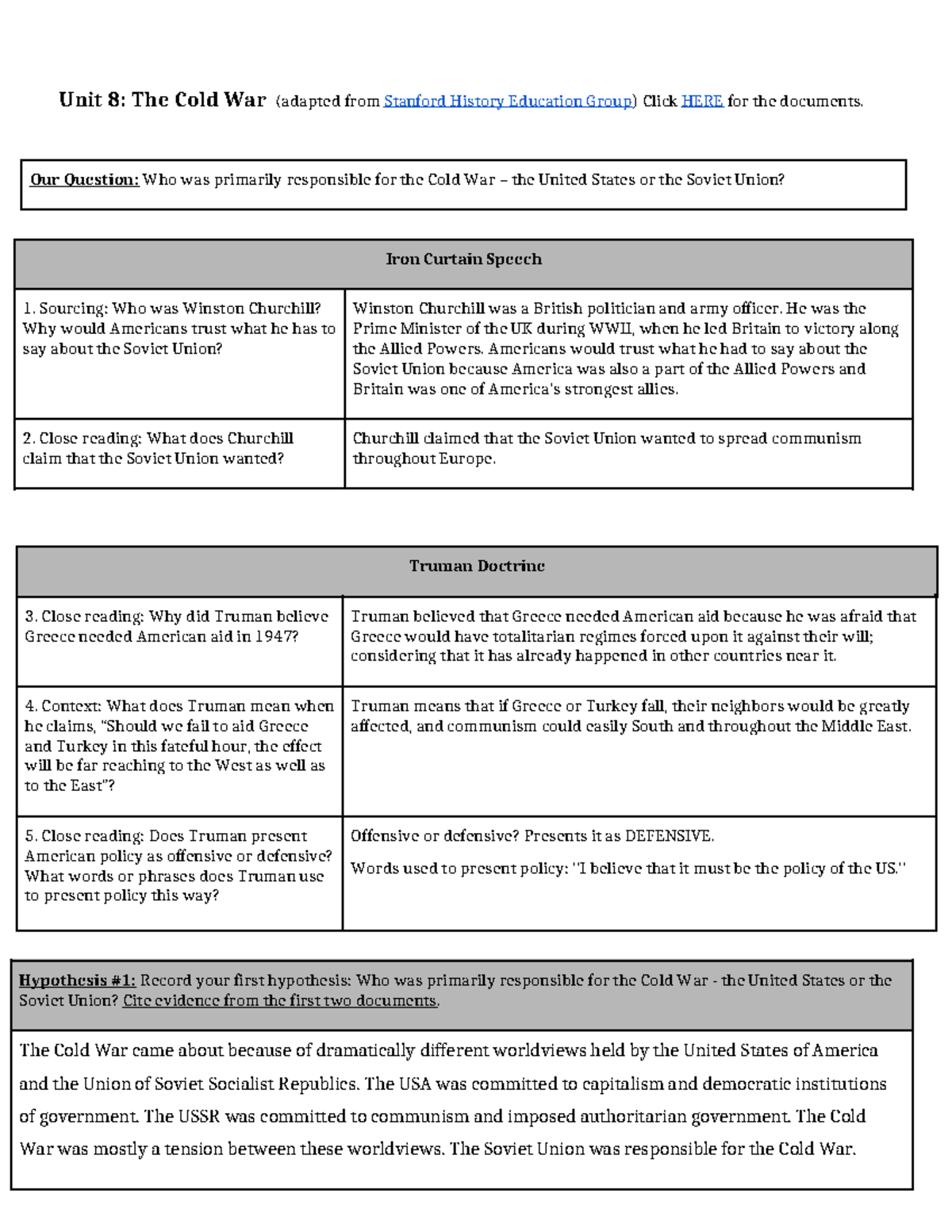 Unit 8 - Cold War Perspectives: Analyzing Key Documents - Studocu