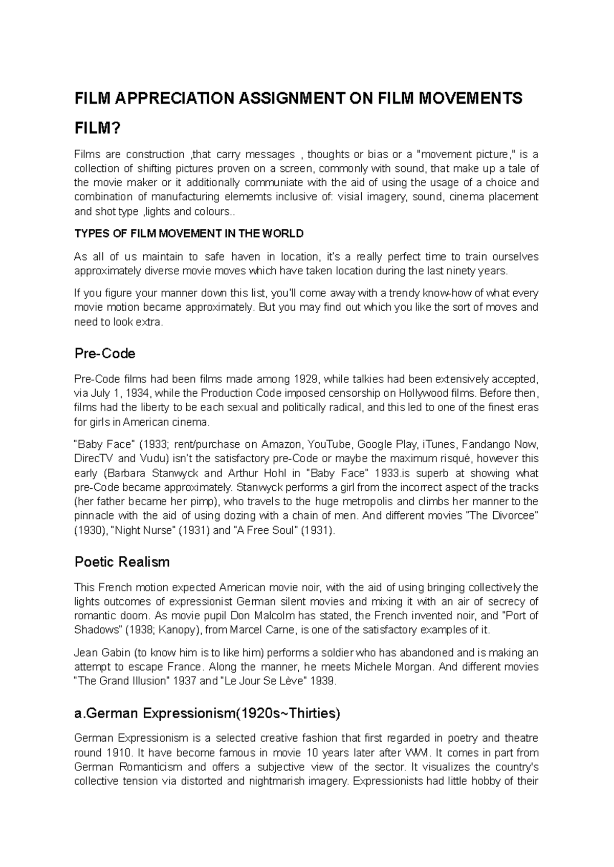 FILM Appreciation A Study of Global Movements and Genres - Studocu